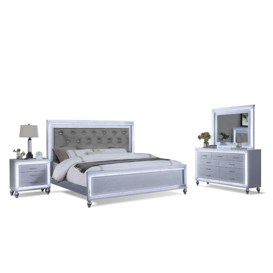 Reve & Belle Crystal Tufted Headboard w/LED lights 4pc King Bedroom Set ...