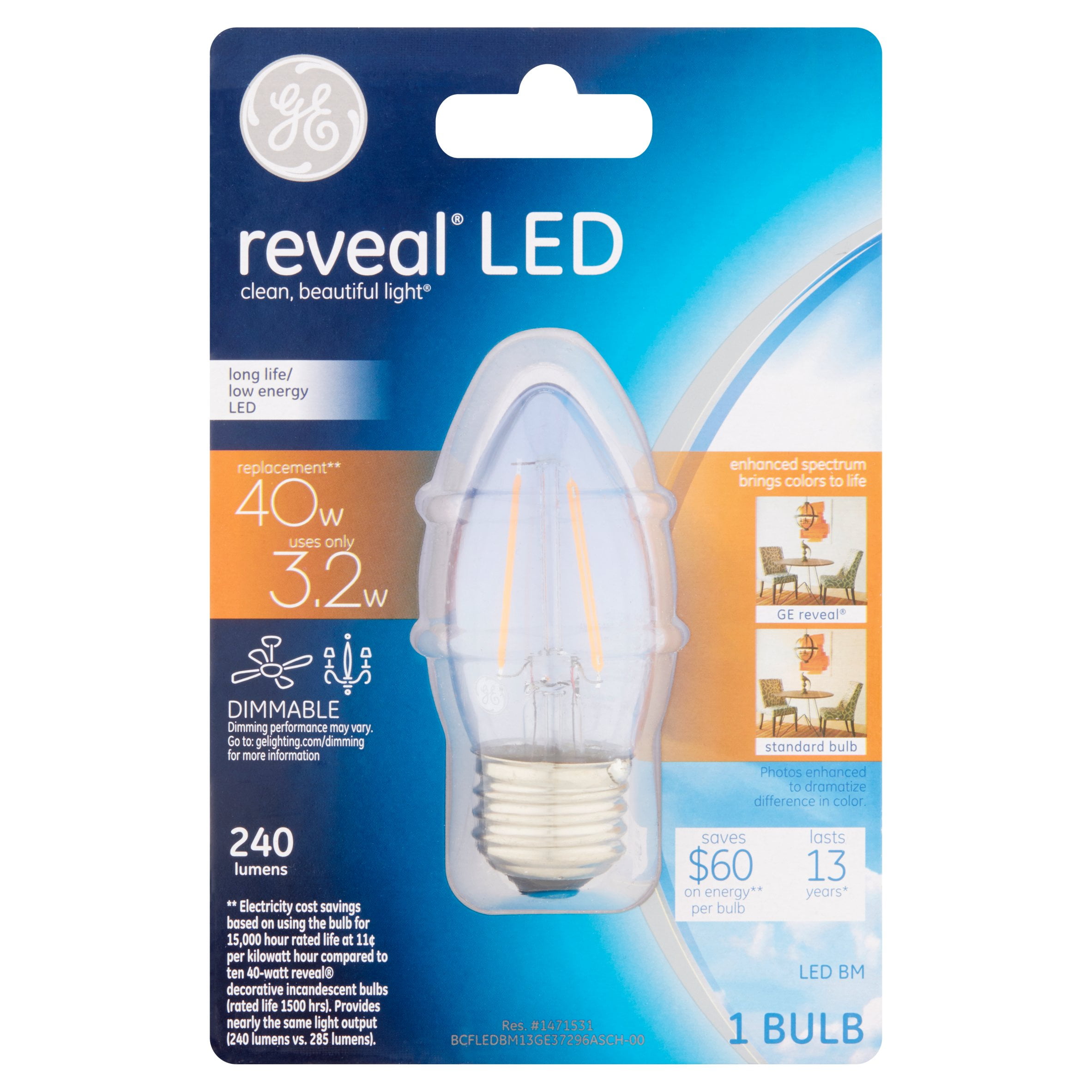 Reveal Clear Dimmable LED Bulb, B10 Shape, 3W - Walmart.com