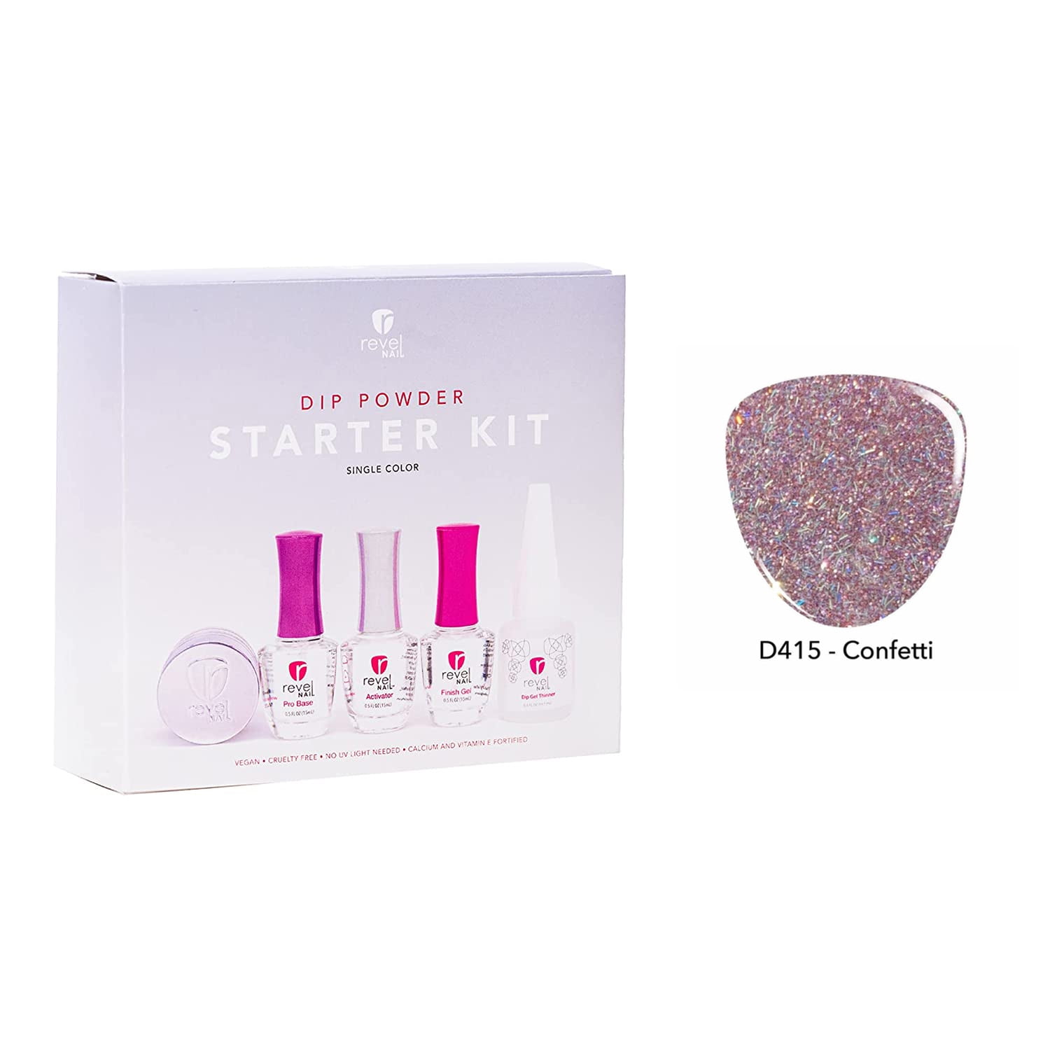 Revel Nail Dip Powder Starter Kit D415 Confetti 0.5 oz Powder with EZ ...