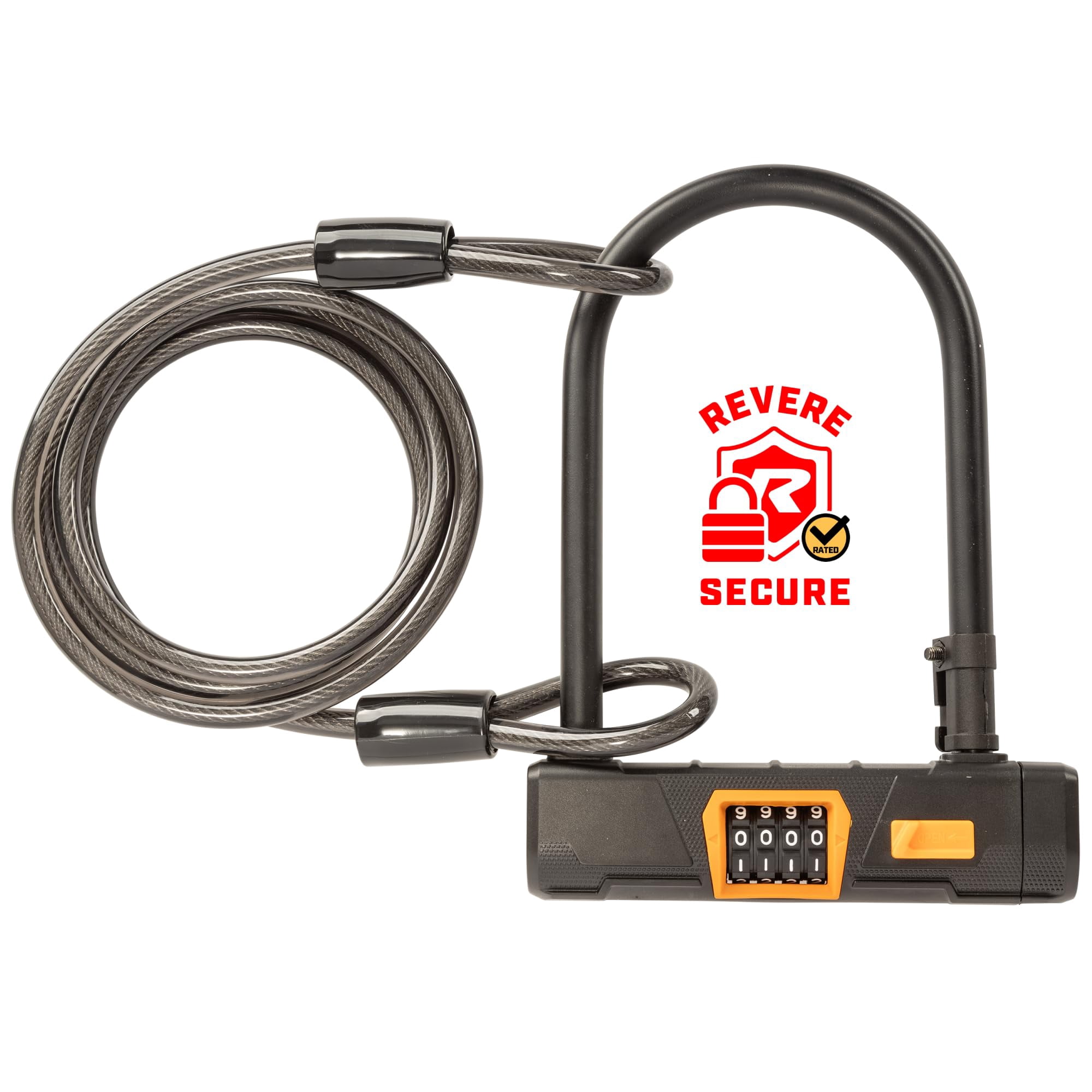 Revere Bike U Lock with 5ft Steel Cable – Heavy-Duty Anti-Theft Bicycle & E-Bike Lock, 4-Digit ...