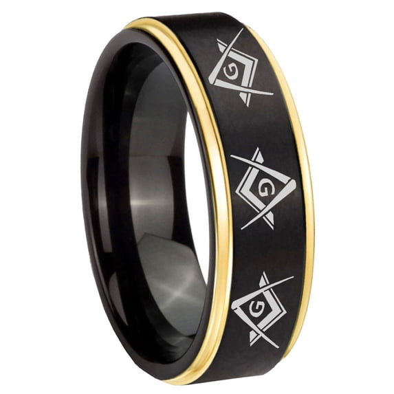 Revere Masonic Step Edge Black And Gold Tungsten Promised Ring 10MM ...