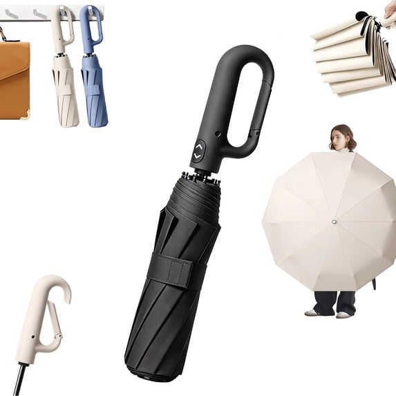 Reverse Inverted Automatic Folding Umbrella with Carabiner Hook Handle ...