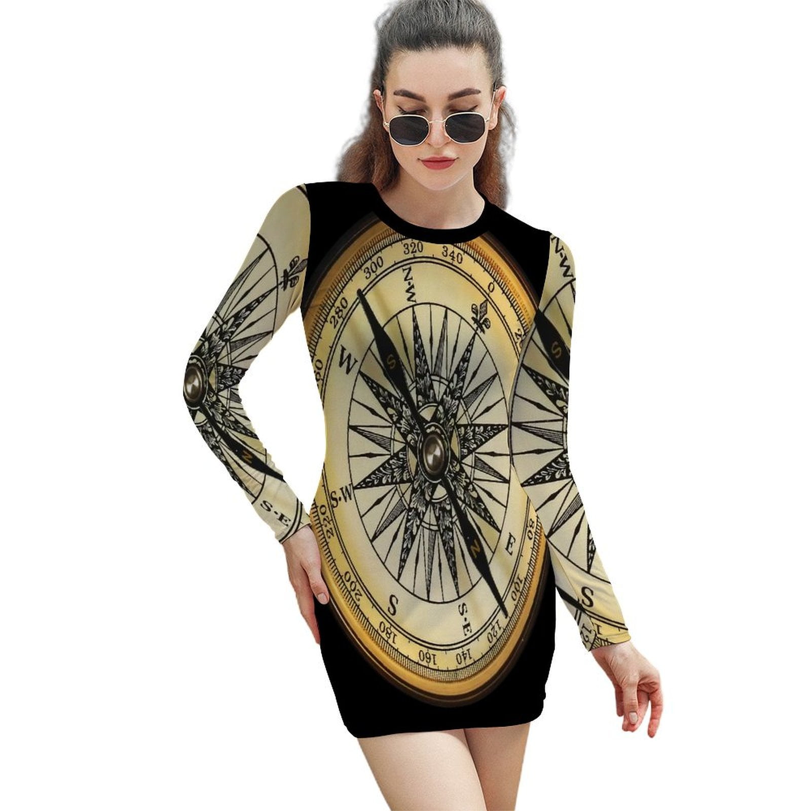 Reverse Pole Compass Women's Long Sleeve Bodycon Dress Soft Stretchy ...