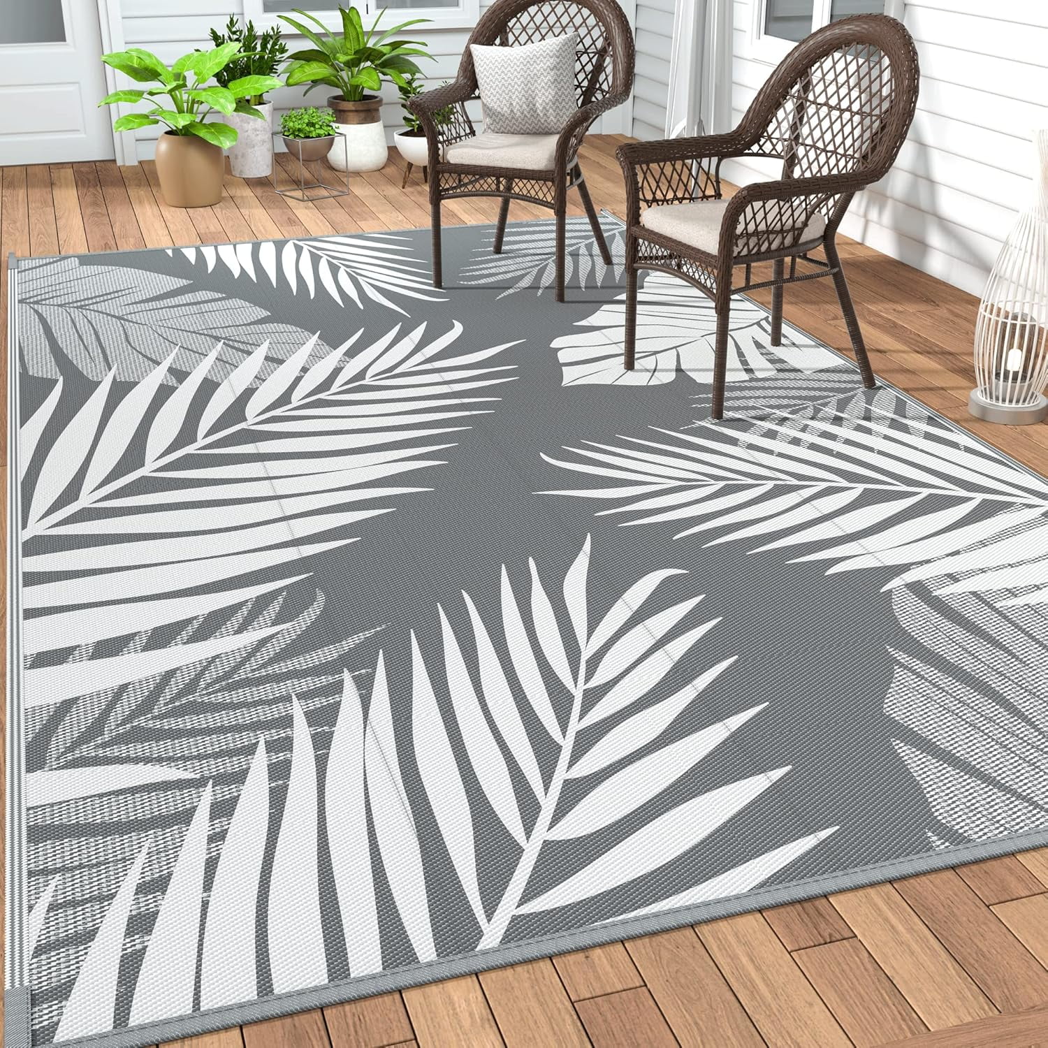 Reversible 5'×8' Waterproof Outdoor Plastic Straw Rug, Grey White ...