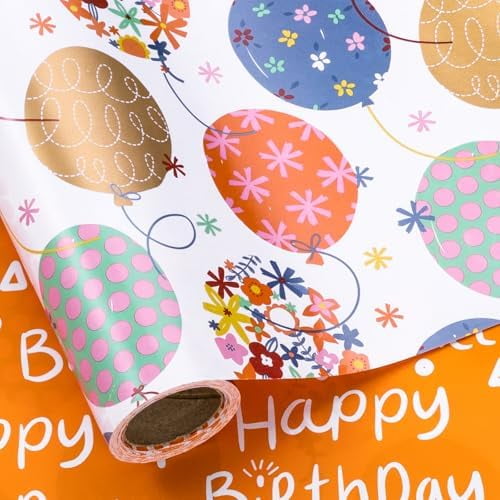 Reversible Birthday Wrapping Paper Roll for Girls Women, Happy Birthday ...