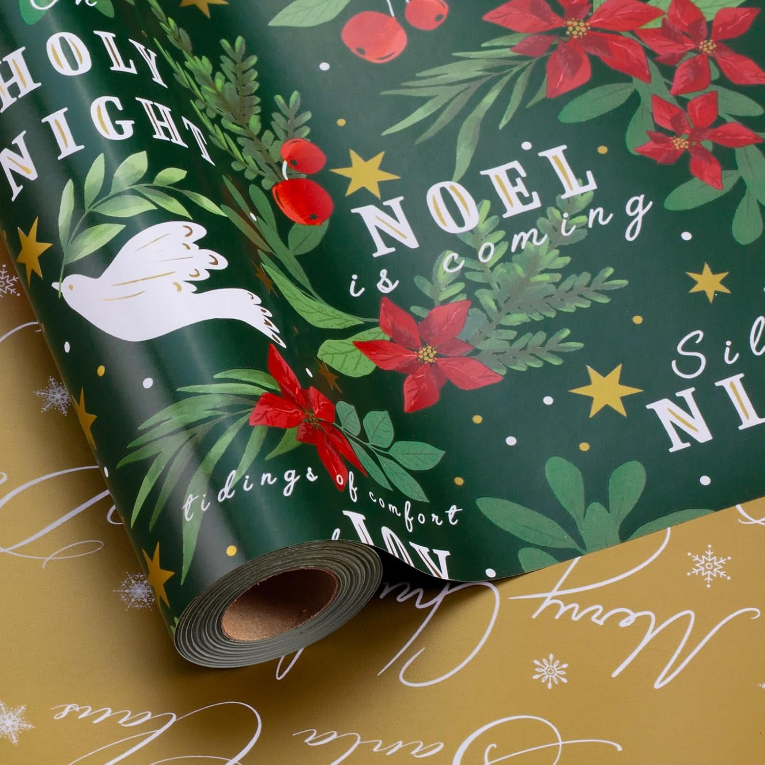 Reversible Christmas Wrapping Paper Roll - Gold Printed Fly Dove ...