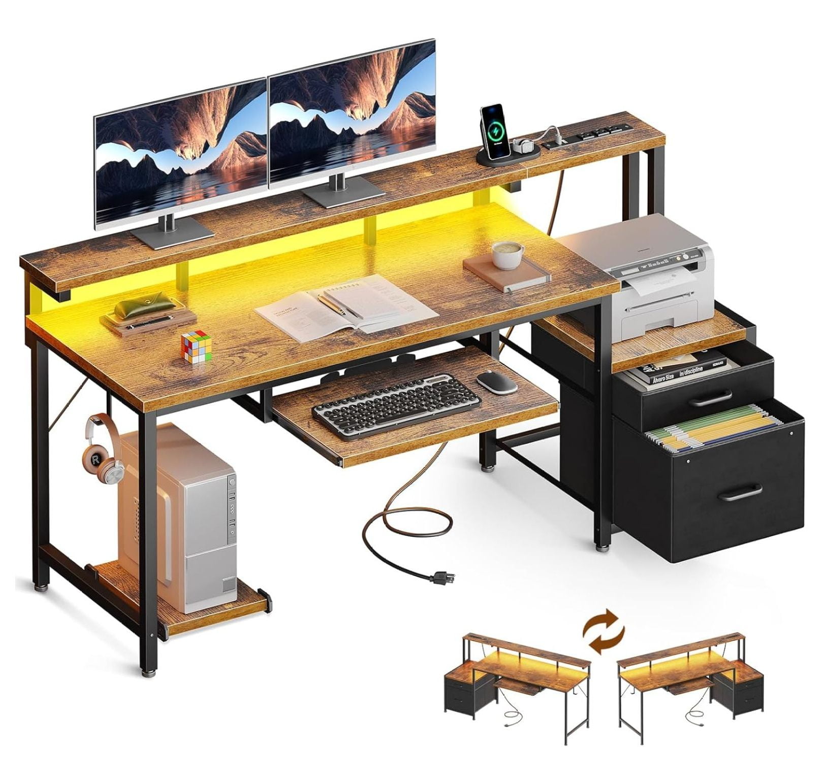 Reversible Computer Desk with Power Outlets & LED Lights, 63 Inch ...