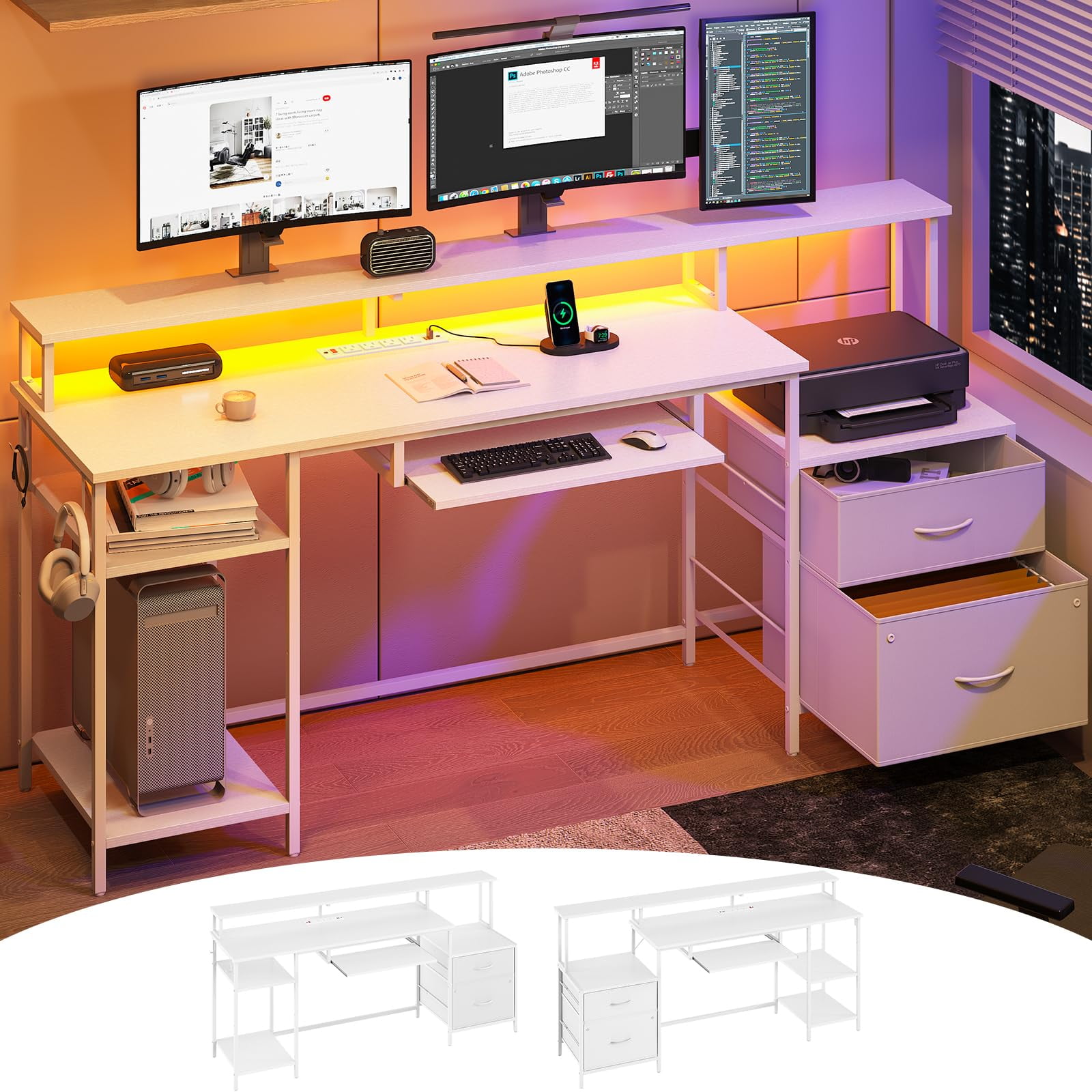 Reversible Computer Desk with Power Outlets and LED Light, Gaming Desk ...