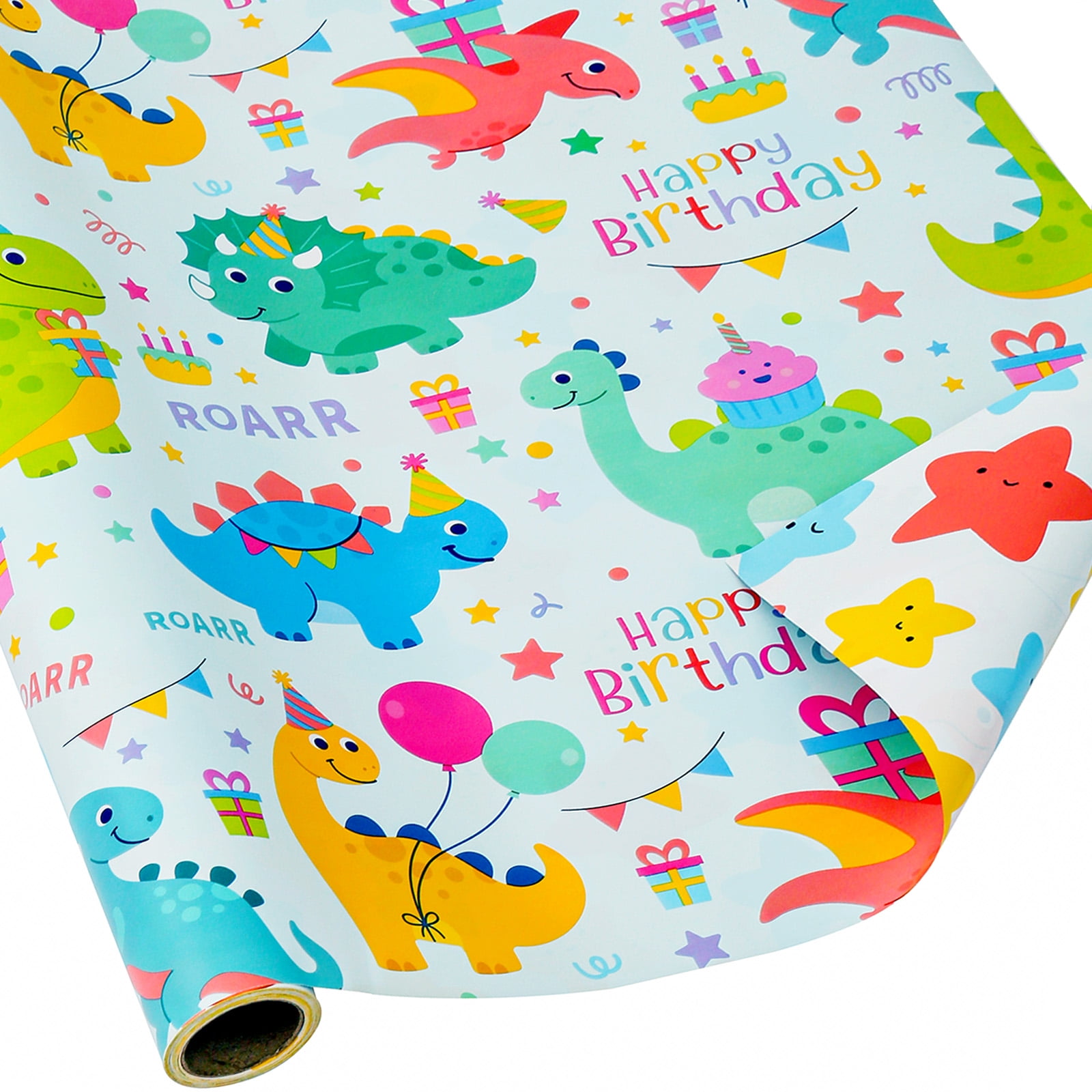 Reversible Dinosaur Wrapping Paper Rolls Star Happy Birthday Gift ...
