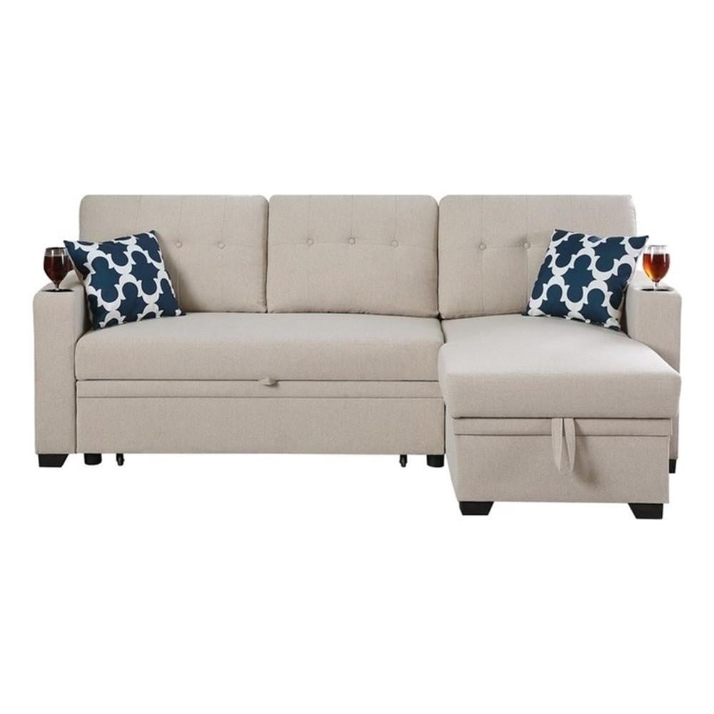 Reversible Fabric Sleeper Sofa Bed & Chaise with Cup Holder-Beige ...