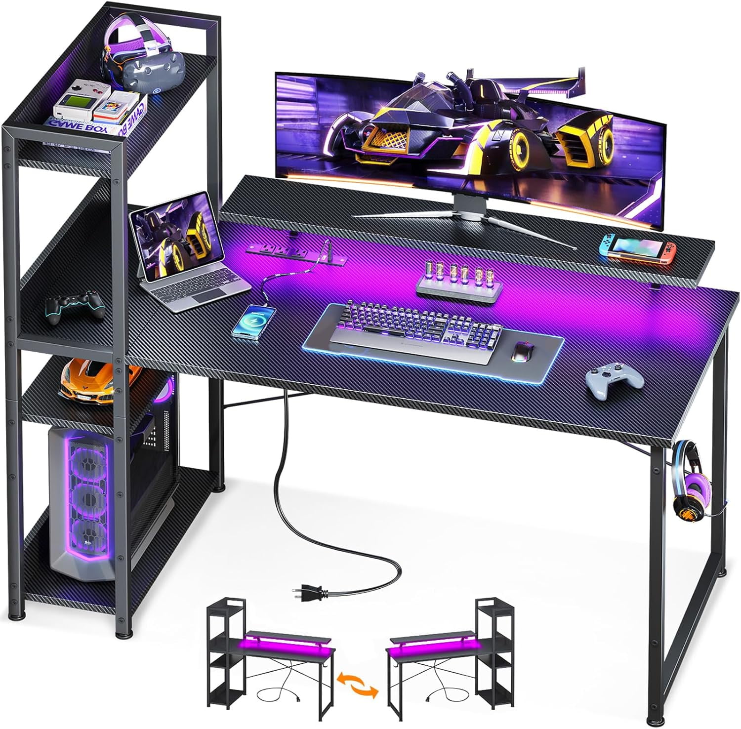 Reversible Gaming Desk with Power Outlets and LED Lights, 48 Inch ...