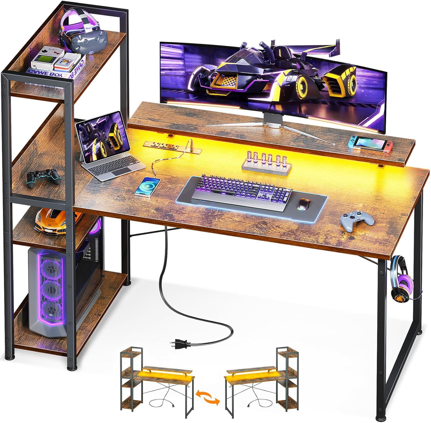Reversible Gaming Desk with USB Charging Port and LED Lights, 40 Inch ...