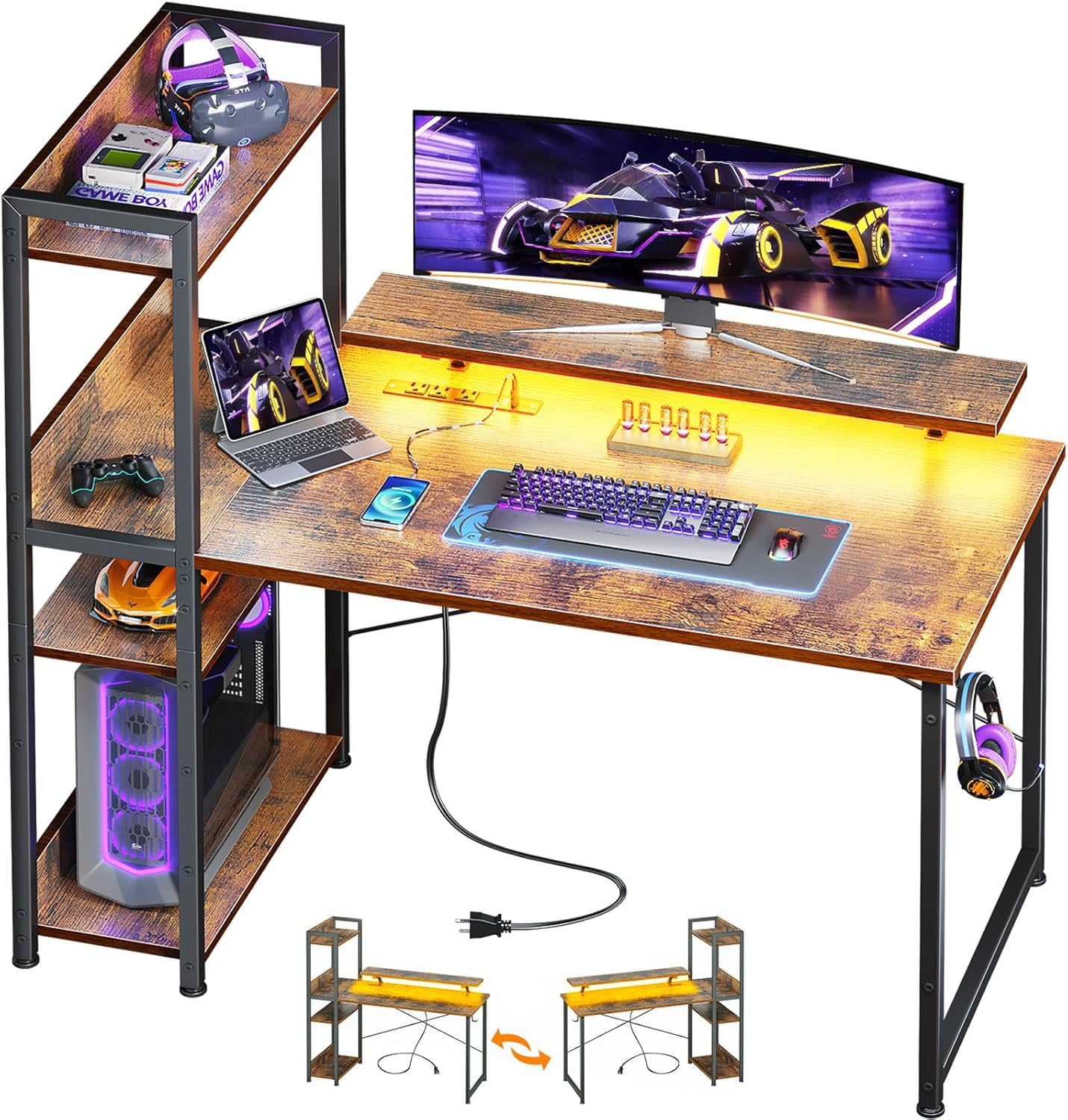 Reversible Gaming Desk with USB Charging Port and LED Lights, 40 Inch ...
