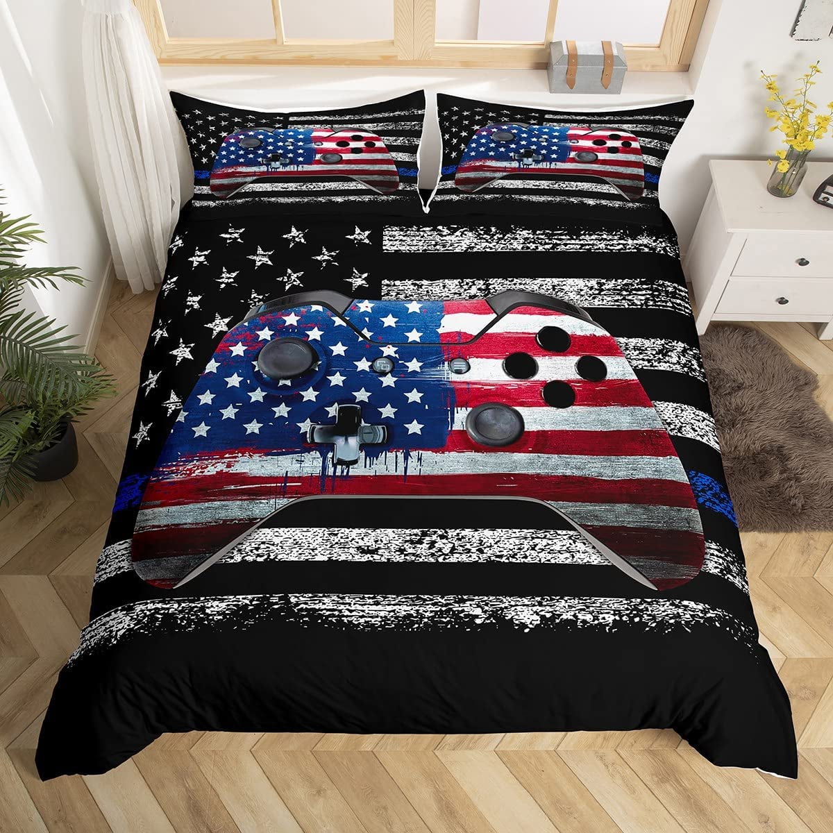 Reversible Gaming Gamer Comforter Cover,Red Blue American Flag Gamepad ...