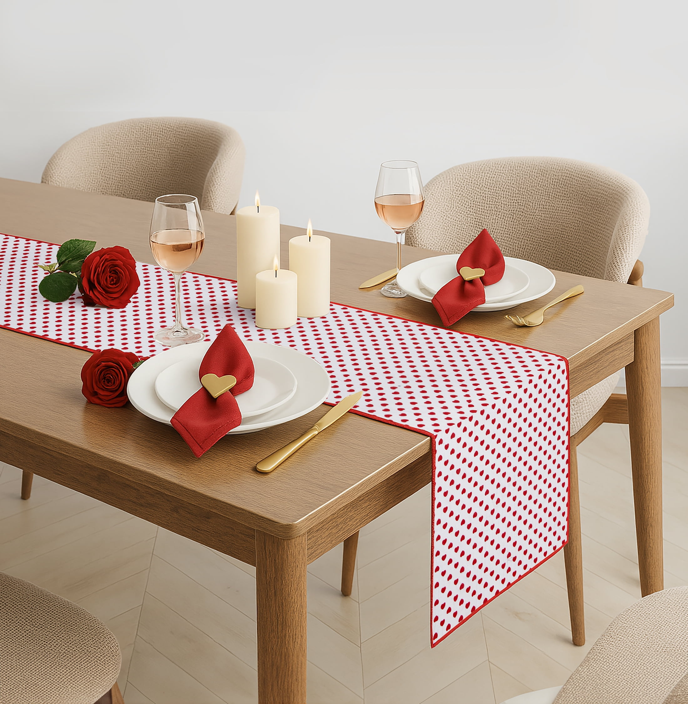 Reversible Hearts Table Runner - 14" x 72" - 100% Cotton, Red & Ivory ...