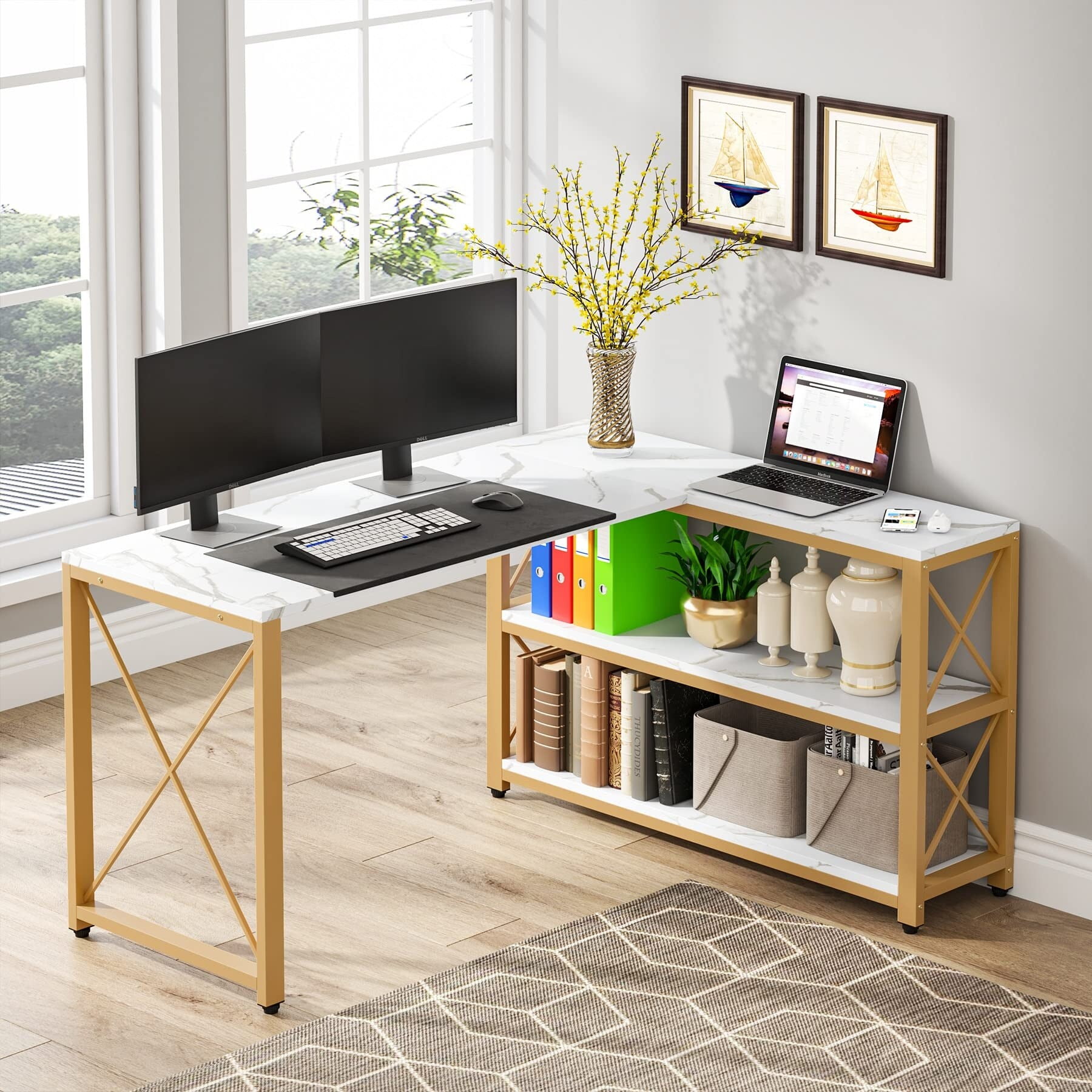 Reversible Industrial L-Shaped Computer Desk with Storage Shelves White ...