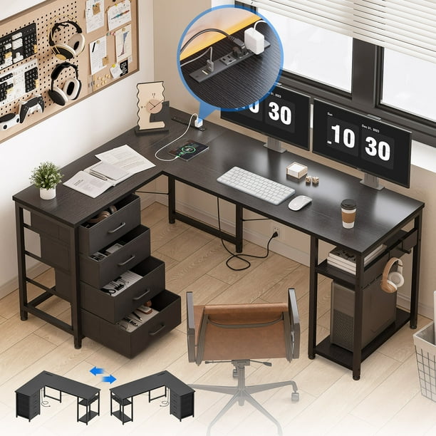 Reversible L Shaped Computer Desk with Charging Station, 53" Modern ...