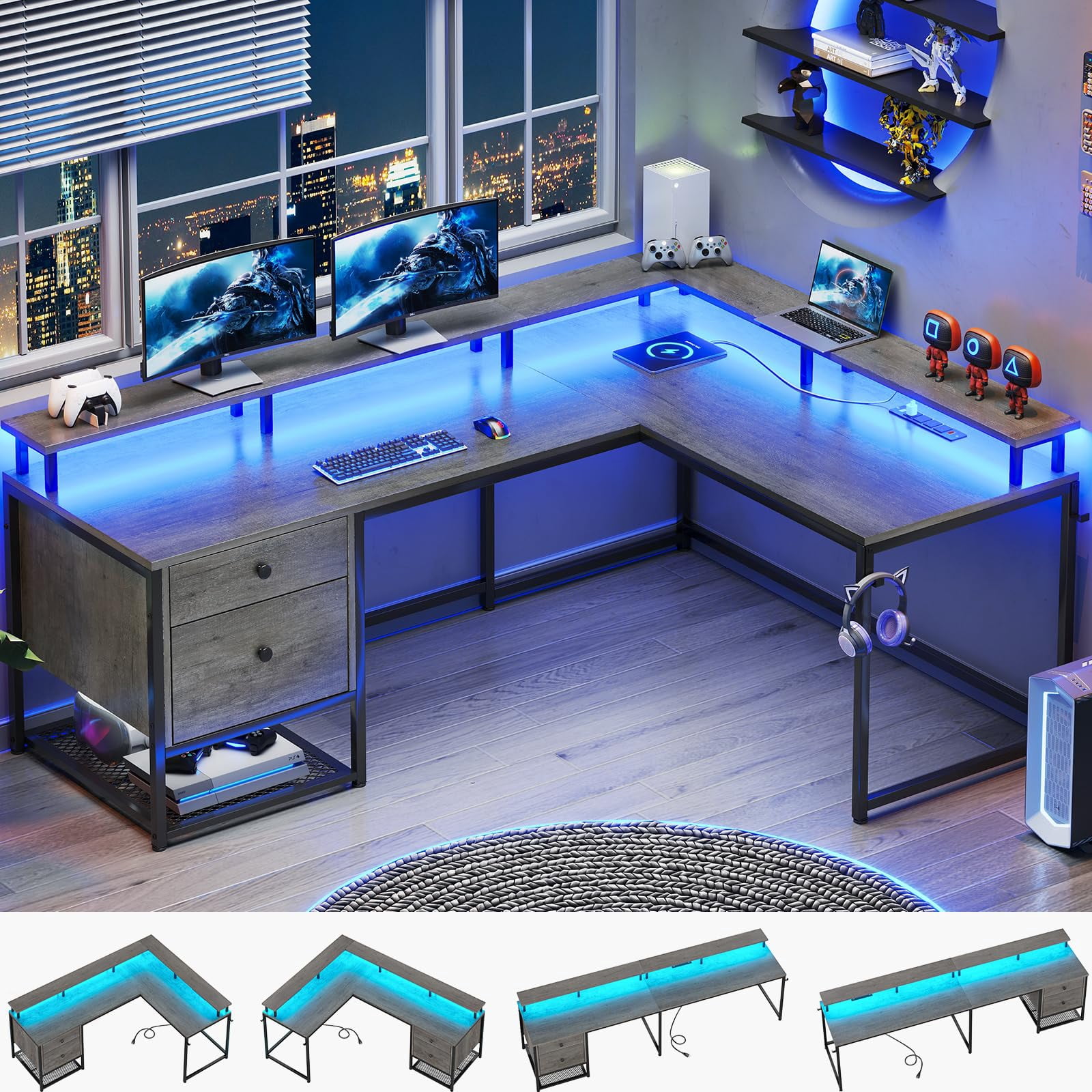 Reversible L Shaped Computer Desk with Power Outlets and LED Strip ...