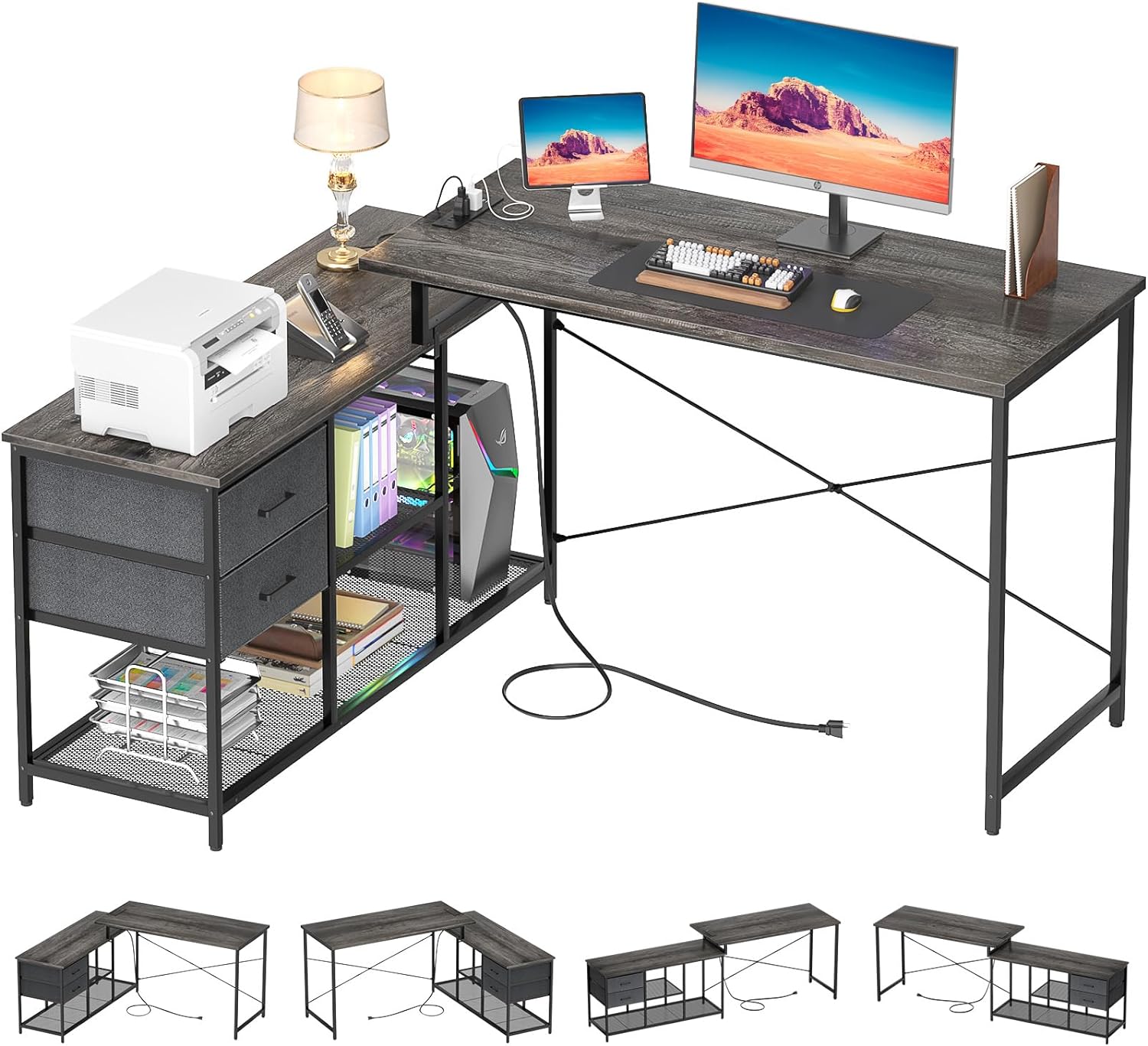 Reversible L Shaped Desk with Power Outlet, Corner Computer Desk with ...