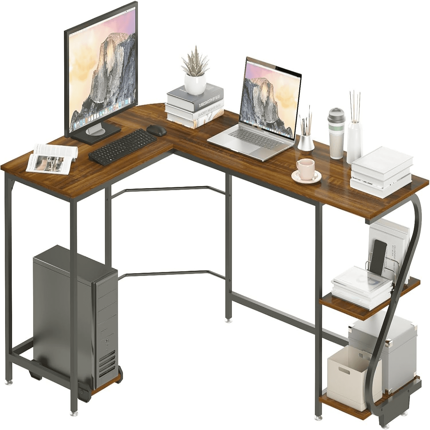 Reversible L-Shaped Desk with Shelves Large Corner Gaming Computer ...