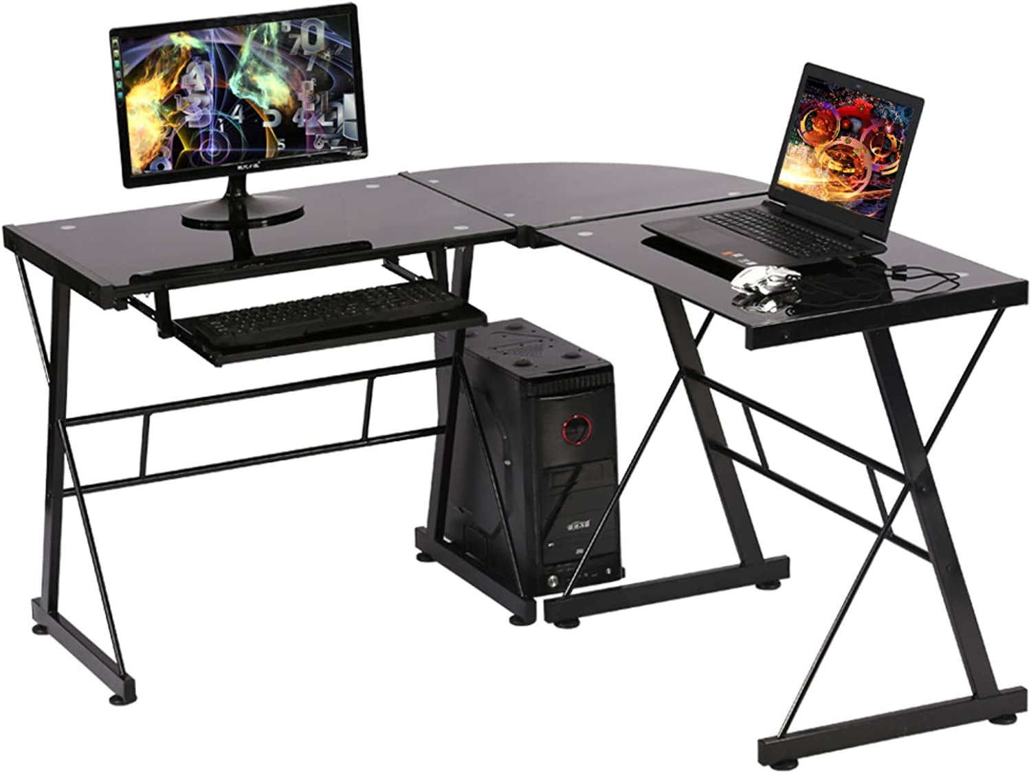 Reversible L-shaped Computer Corner Desk, Modern Toughened Glass L ...