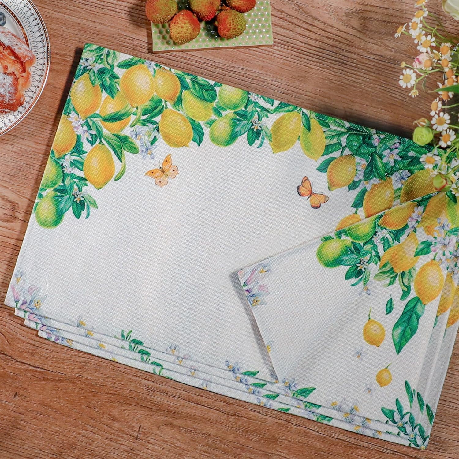 Reversible Lemon Placemats Set of 4 Washable, Kitchen Table Mats Cloth ...