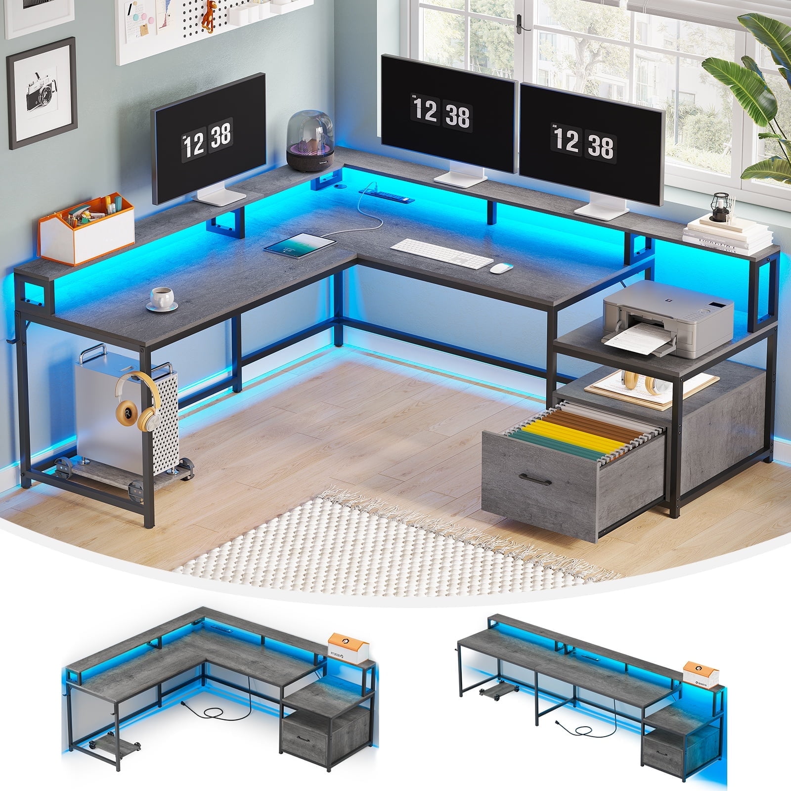 Sedeta Reversible Office Desk with LED Lights Charging Station Monitor ...