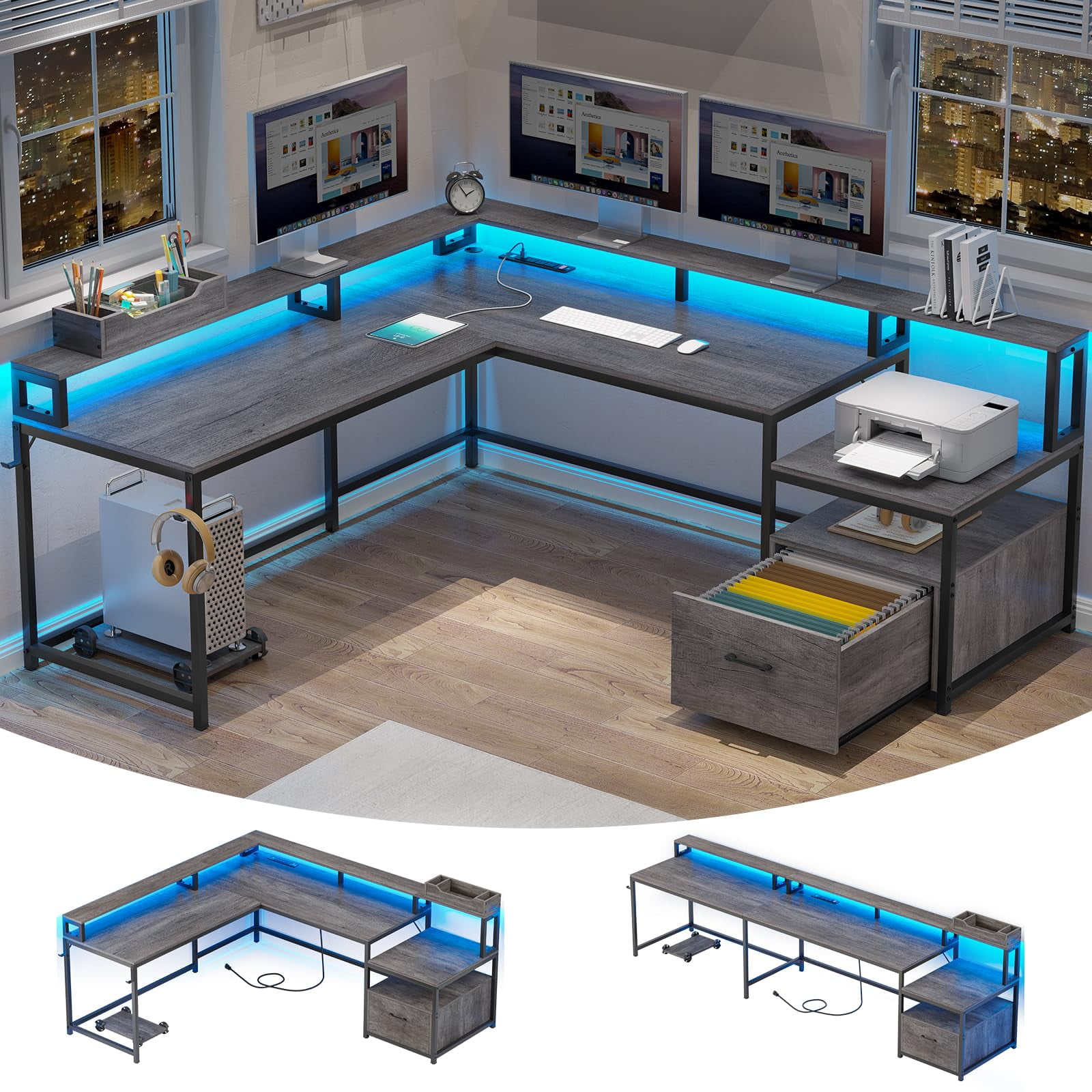 Reversible Office Desk with LED Lights & Charging Station, L-Shaped ...