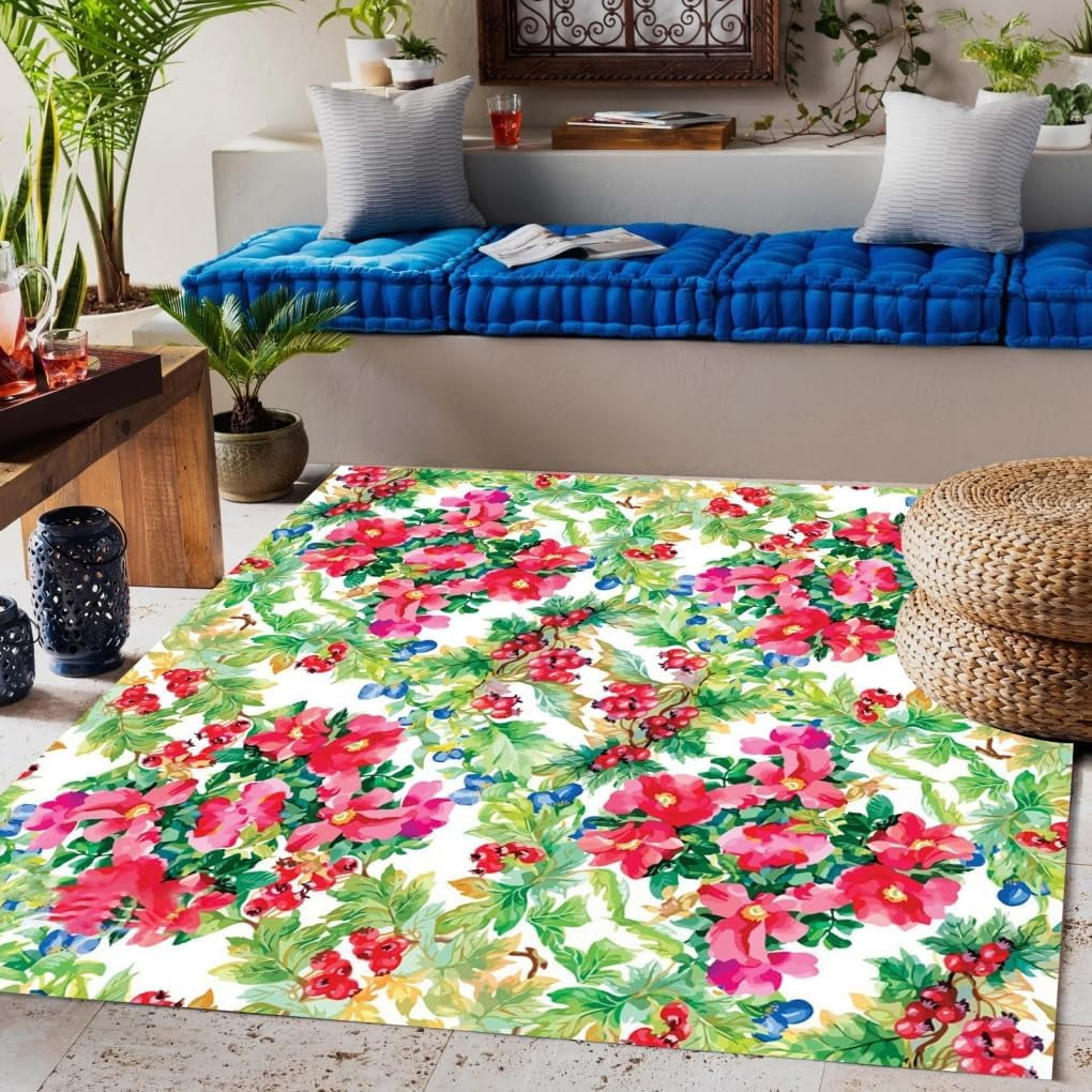 Reversible Outdoor Area Rug Multicolor Flowers Waterproof No Slip Rug ...