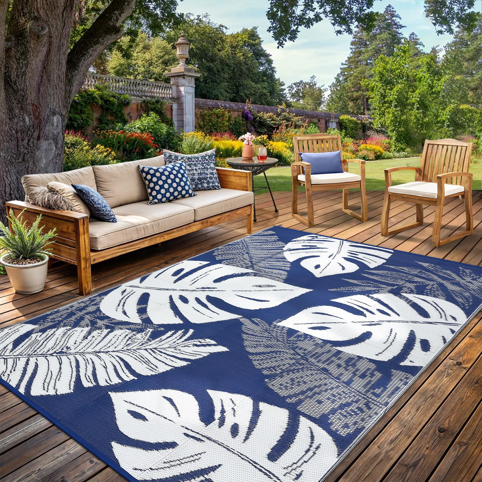 Reversible Outdoor Plastic Straw Rug 9x12ft, Waterproof Palm Leaf Patio ...