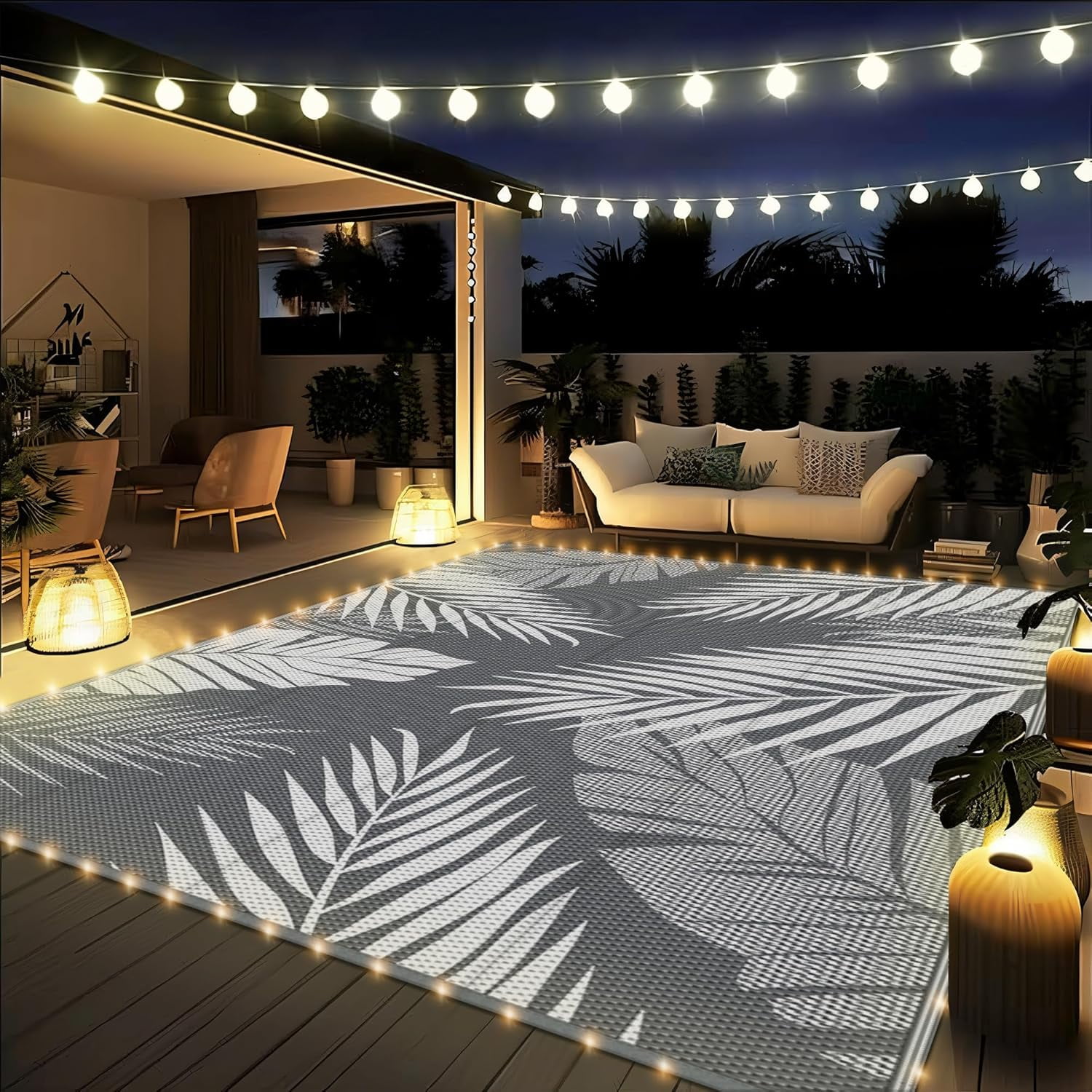 Reversible Outdoor Plastic Straw Rug with LED String Light, 8' X 10 ...