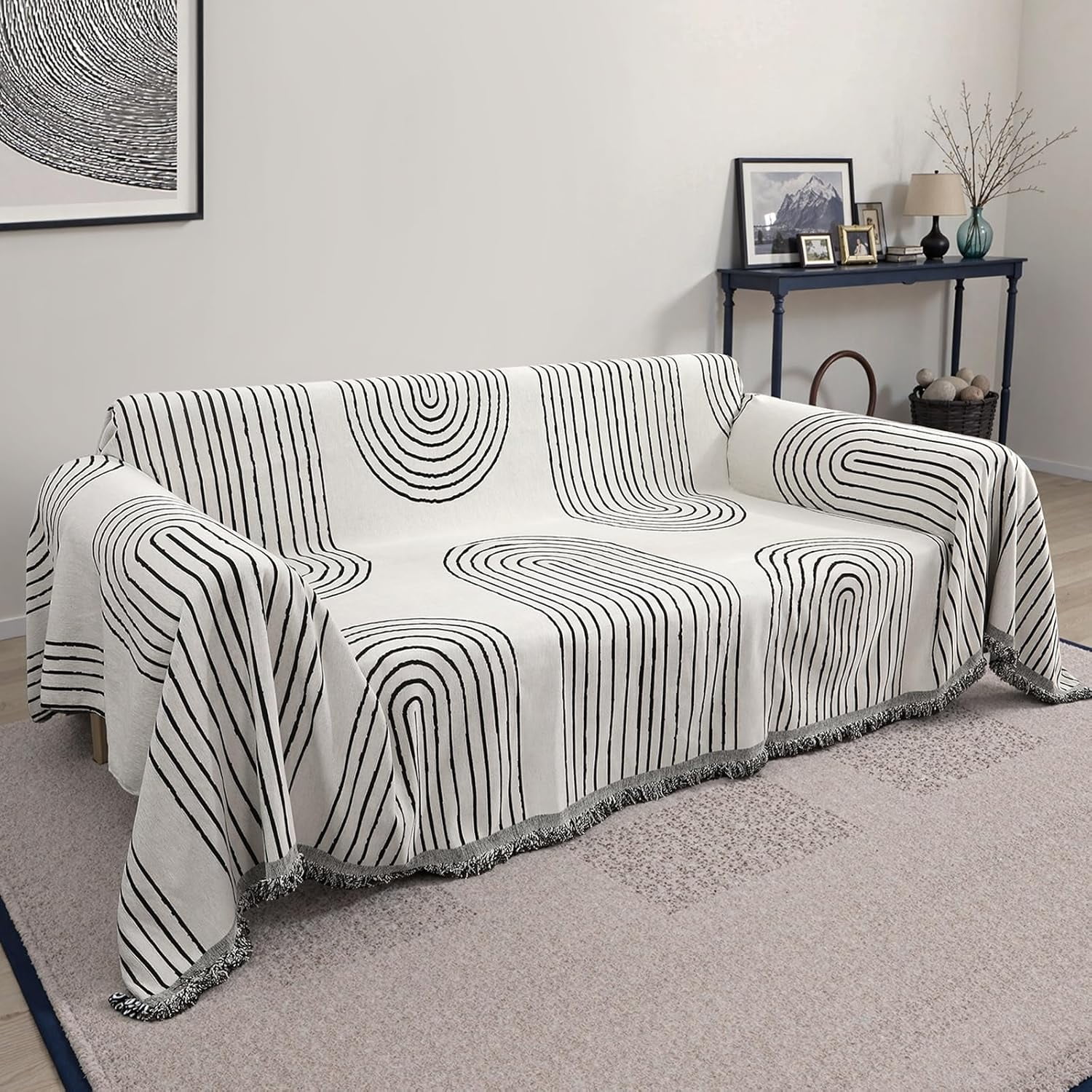 Reversible Rainbow Lines Boho Sofa Cover Blanket, Modern Chenille Couch ...