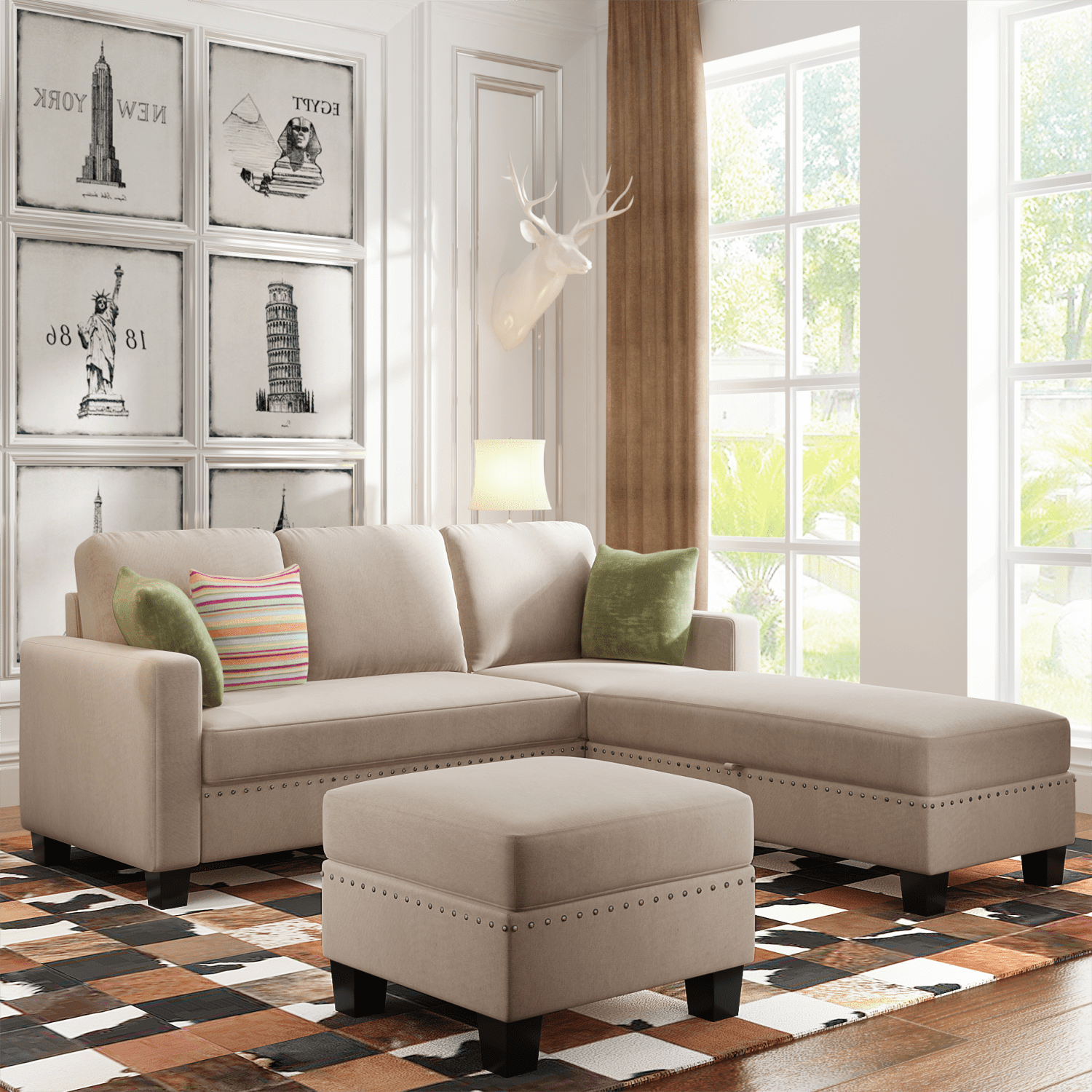 Reversible Sectional Couch with Ottoman Set - L-Shaped Sofa with Chaise ...