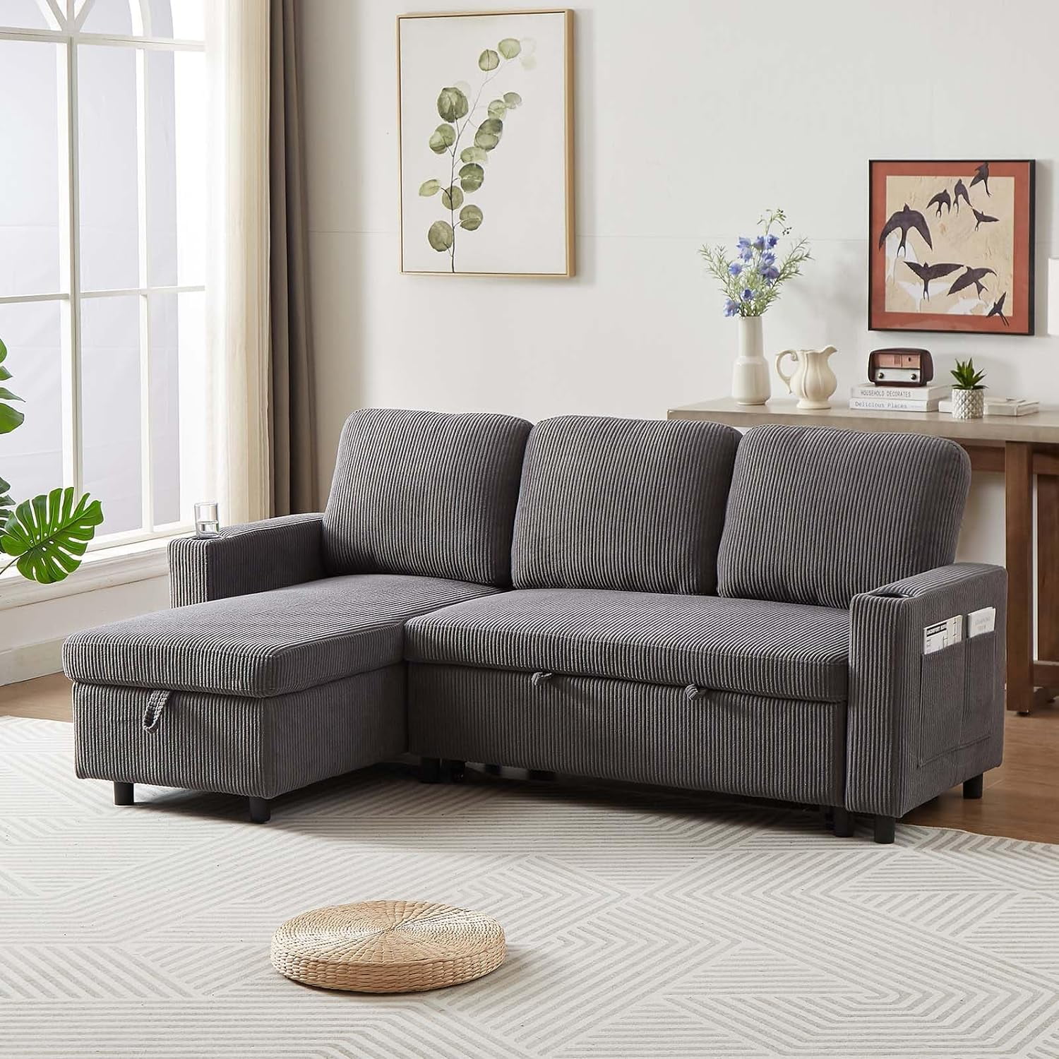 Reversible Sleeper Sectional Sofa Bed, Convertible Corduroy L-Shaped ...