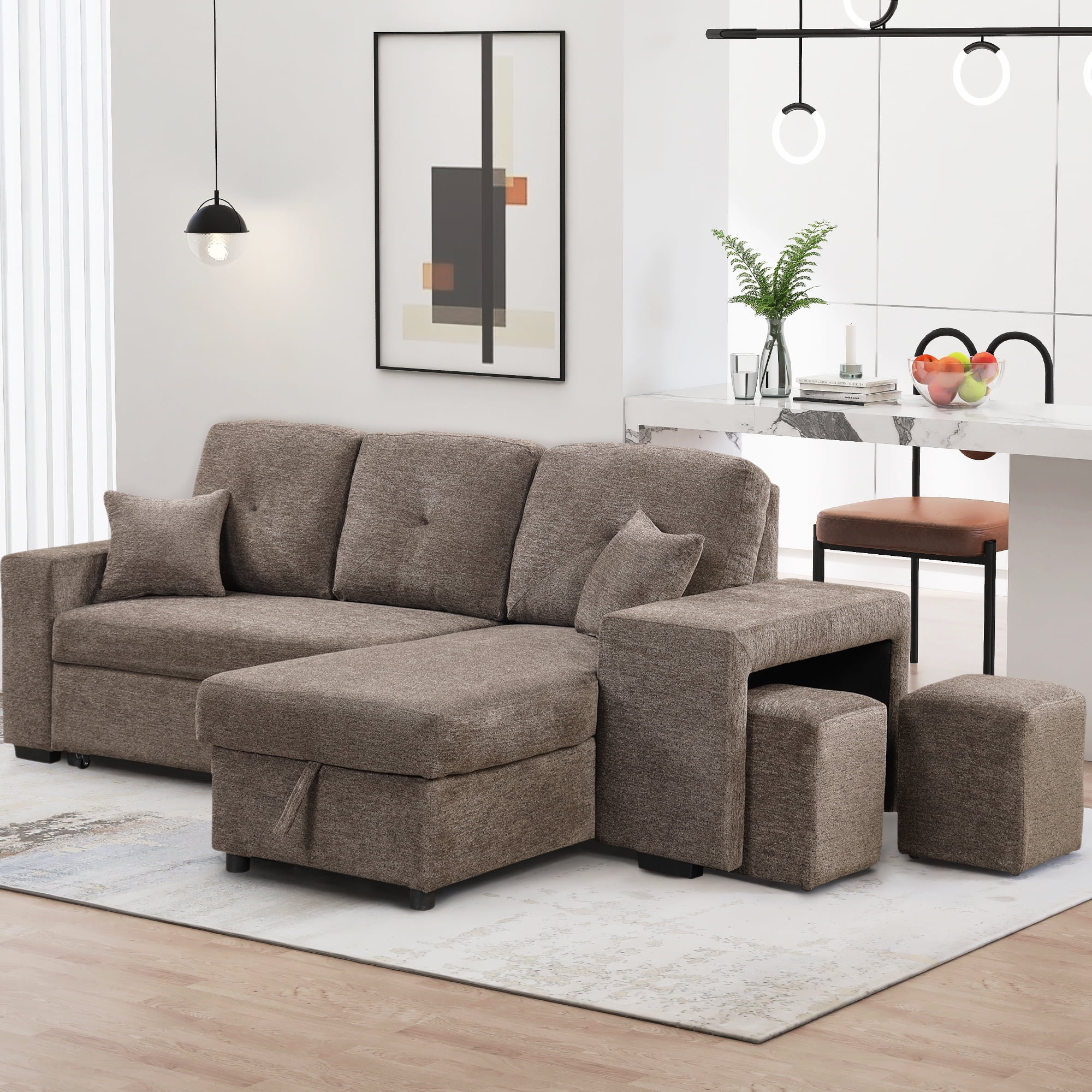 Reversible Sleeper Sectional Sofa Couch with Side Shelf and 2 Stools ...
