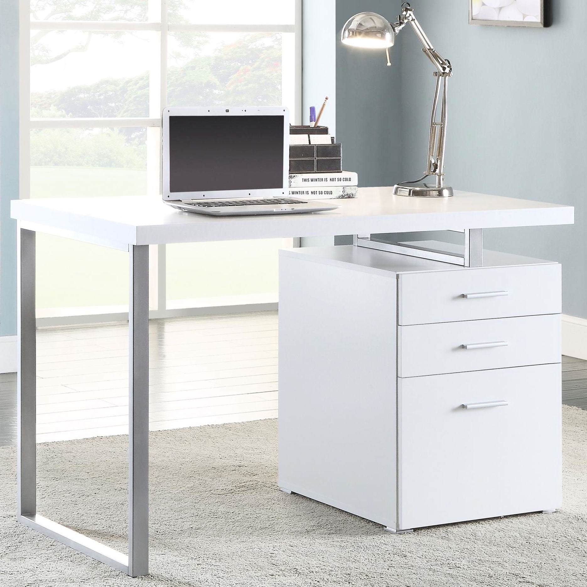 Reversible White Desk with 3 Drawers / Provides Elegant Workspace ...