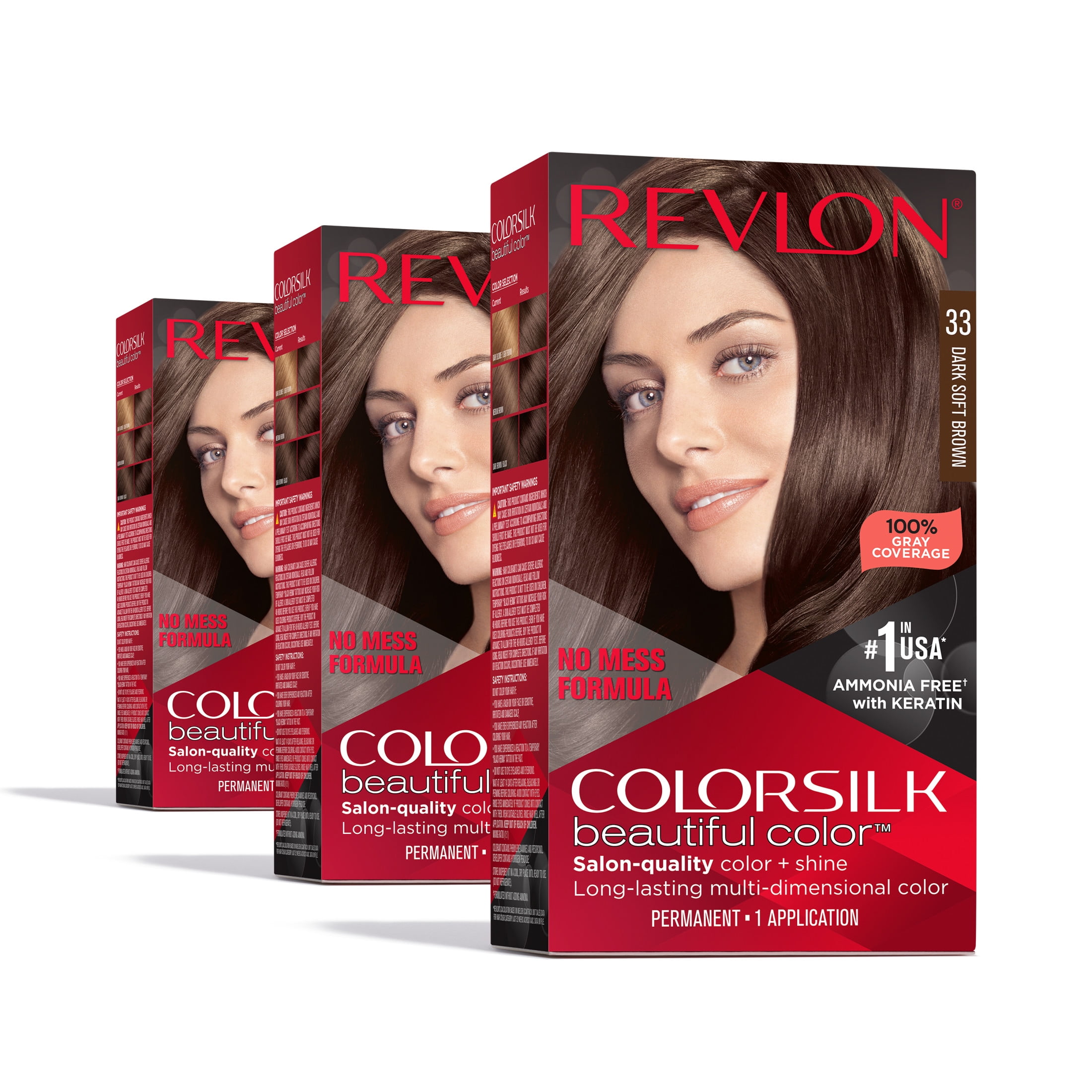 Revlon ColorSilk Beautiful Color Permanent Hair Color 3 Pack, Dark Soft ...