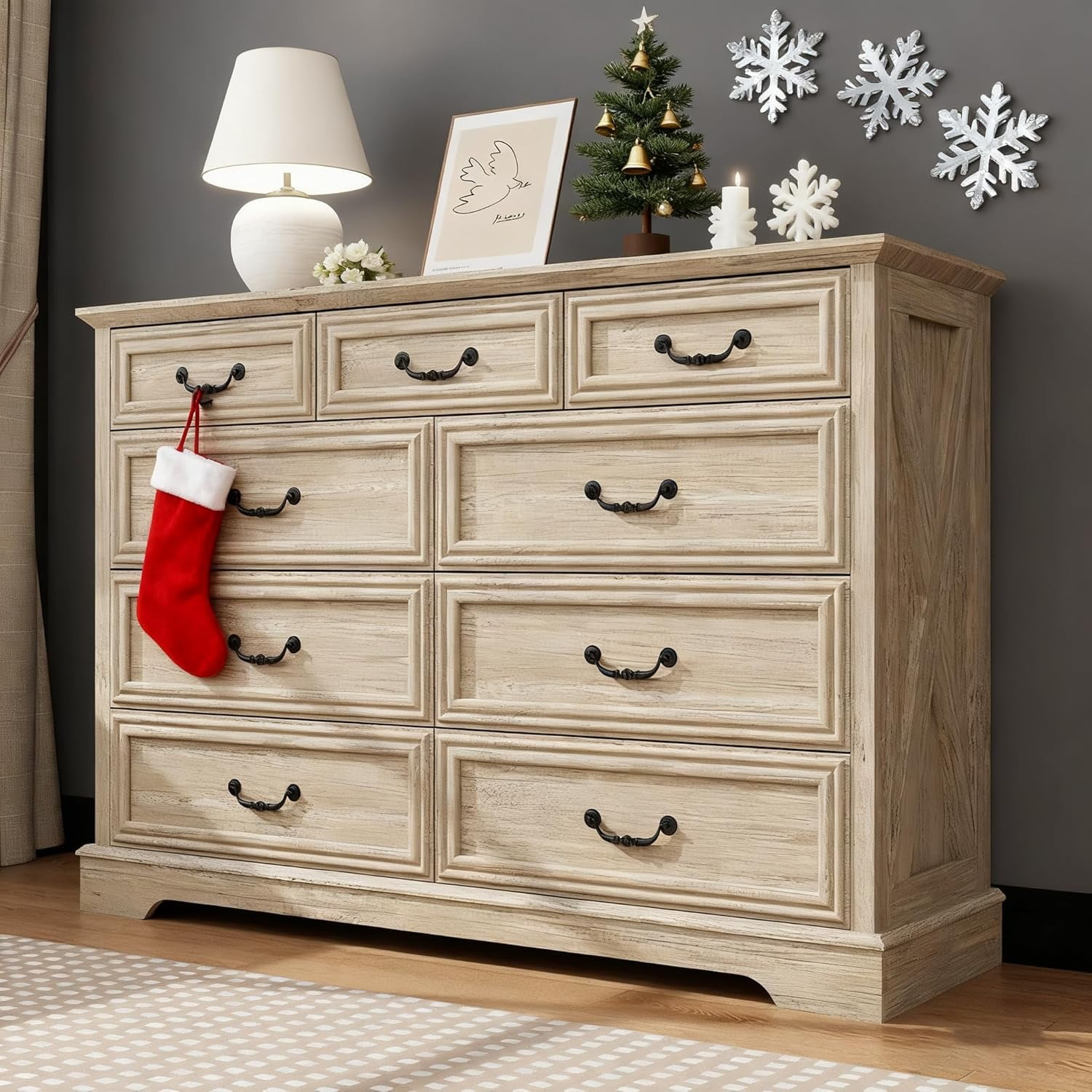 RevoGlow Commerce Farmhouse 9 Drawer Dresser, Natural Oak Rustic Chest ...