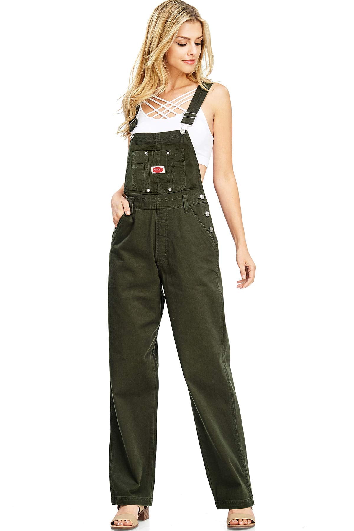 Revolt Women's Juniors Baggy Straight Leg Twill Overalls (Olive, Large ...
