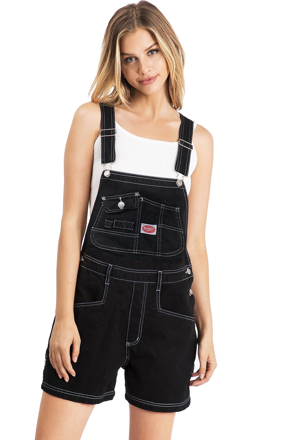 Revolt Women's Juniors Classic Twill Short Overalls (Black/White Stitch ...