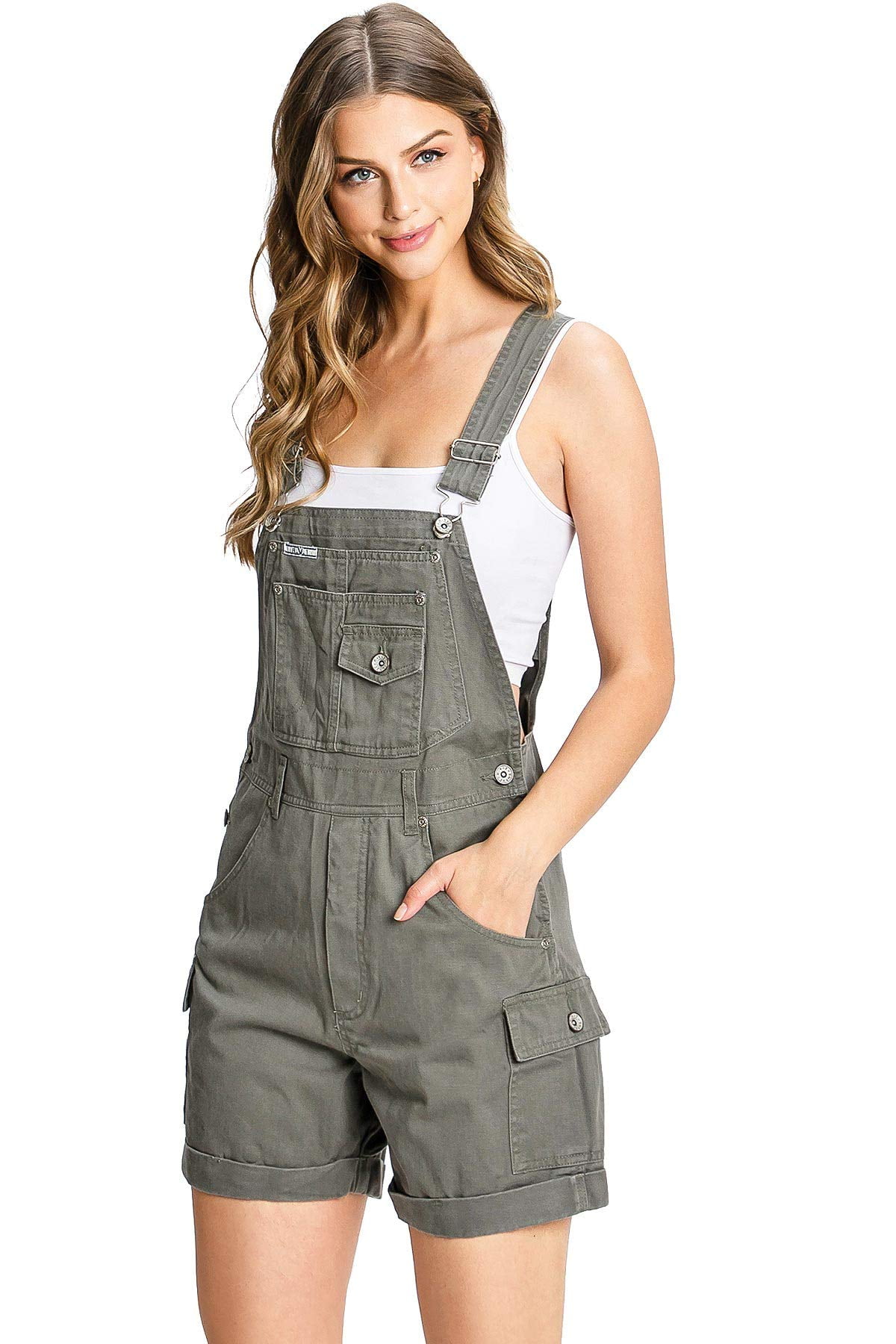 Revolt Women's Juniors Classic Twill Short Overalls (Olive Gray, S ...
