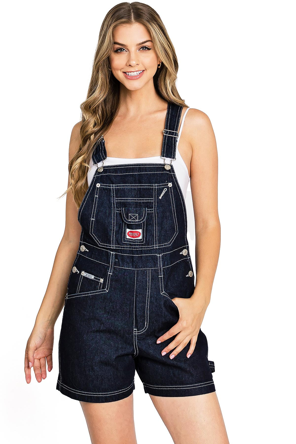 Revolt Women's Juniors Vintage Denim Short Overalls (Dark Denim, Large ...