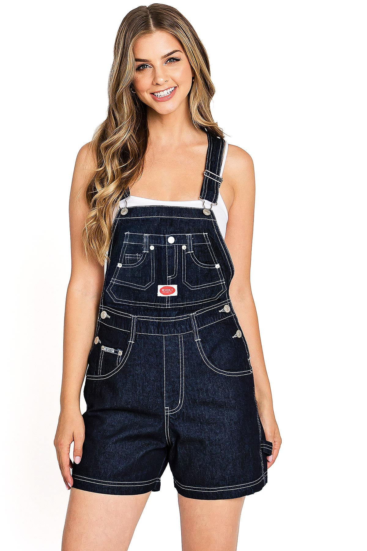 Revolt Women's Juniors Vintage Denim Short Overalls (Dark Denim , Small ...