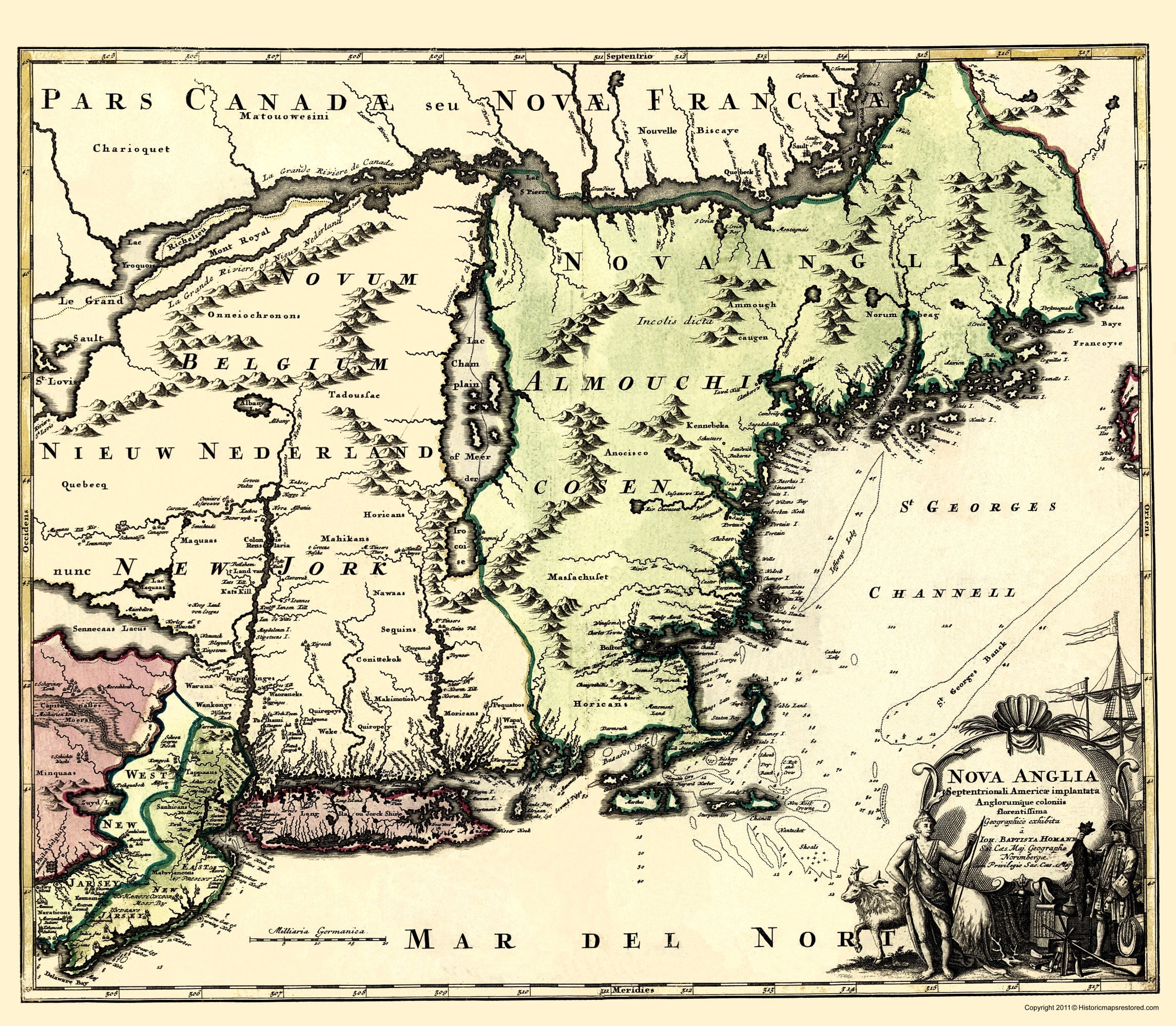 Historic Revolutionary War Map - New England North America - Homann ...