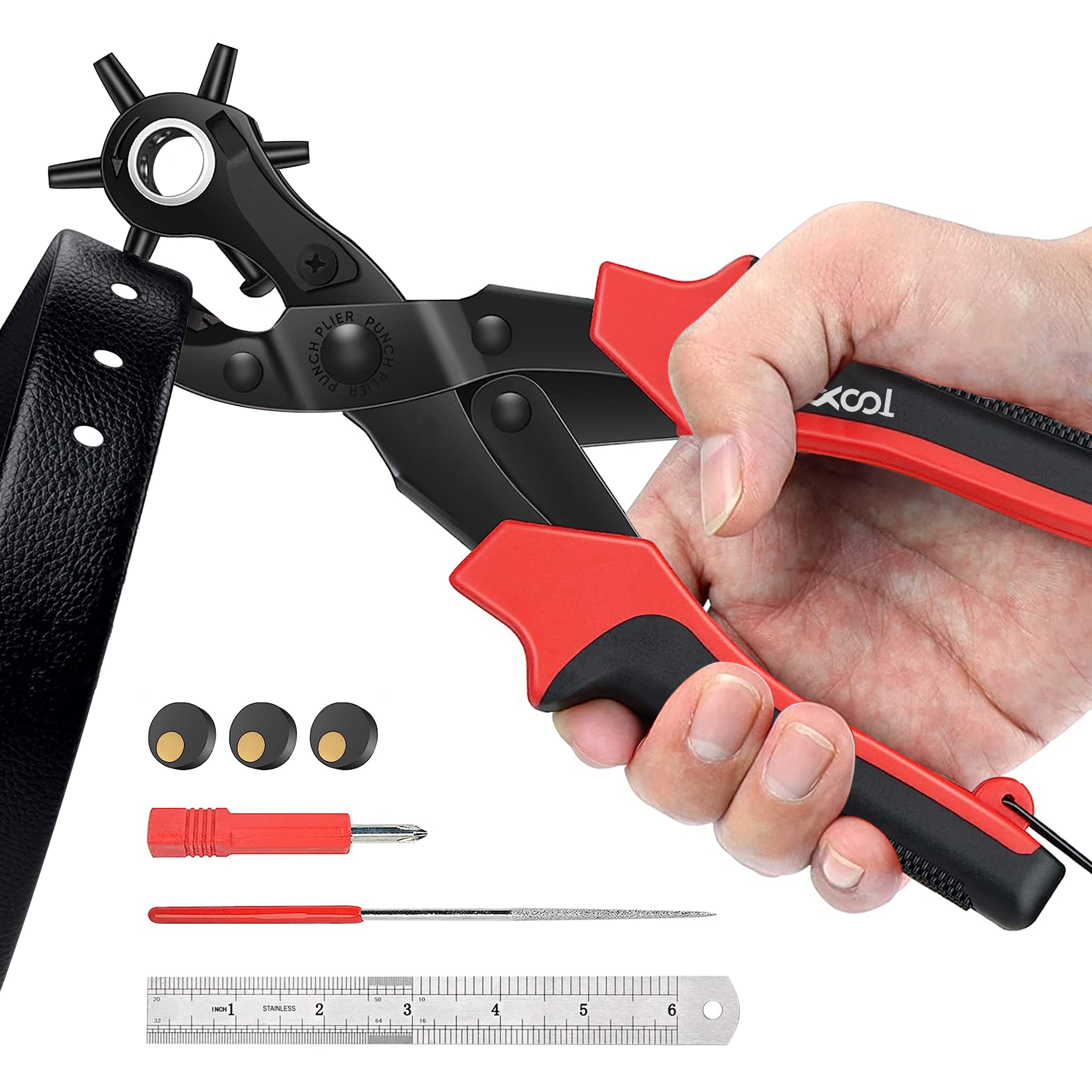 9" Leather Hole Punch Heavy Duty Hand Pliers Belt Holes 6 Sized Puncher ...