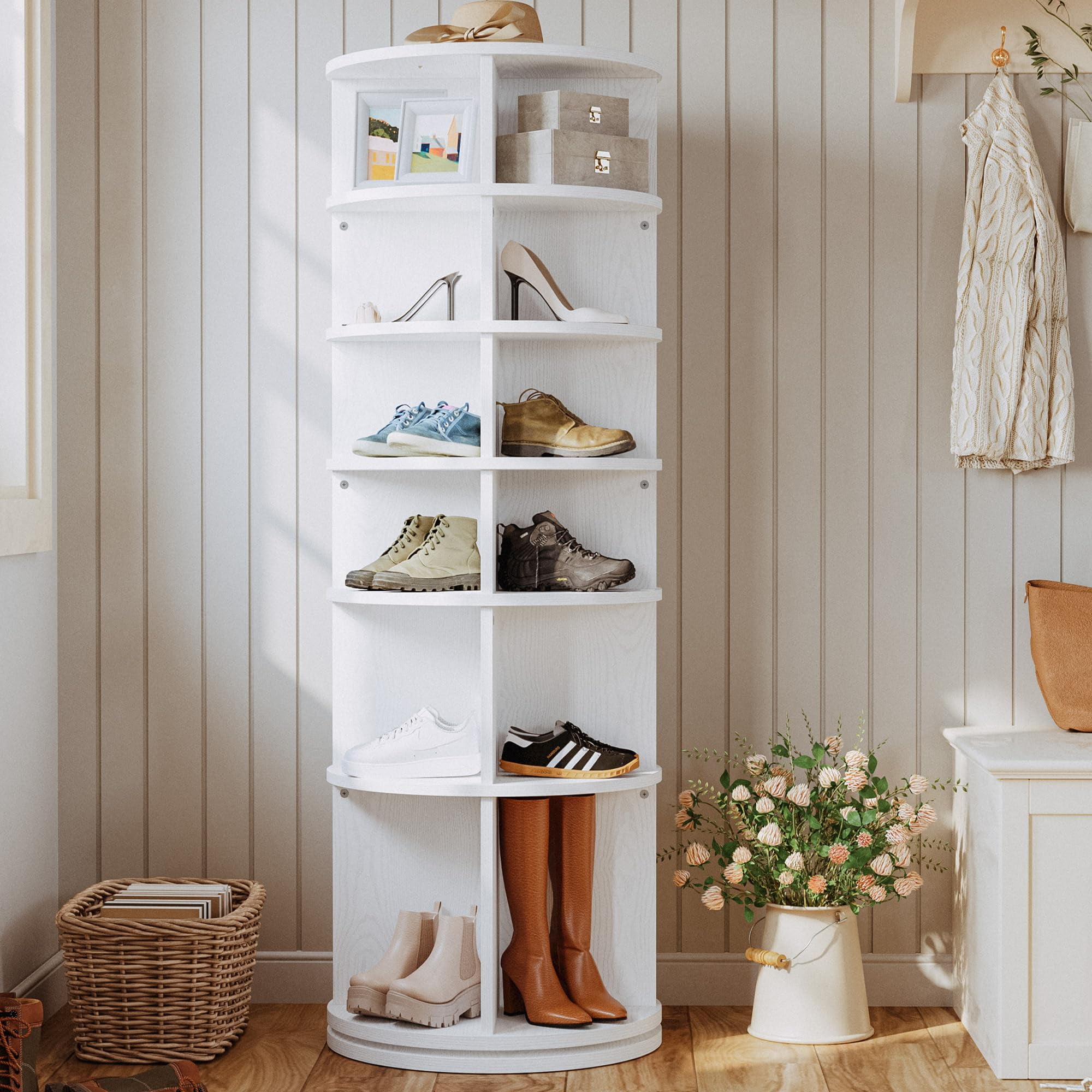 Revolving Shoe Storage Tower with 6 Shelves, 360° Rotating Spinning ...