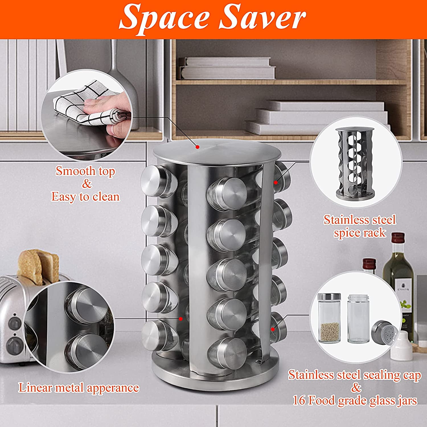 Revolving Spice Rack With 20 Jars, Rotating Spice Rack Organizer ...
