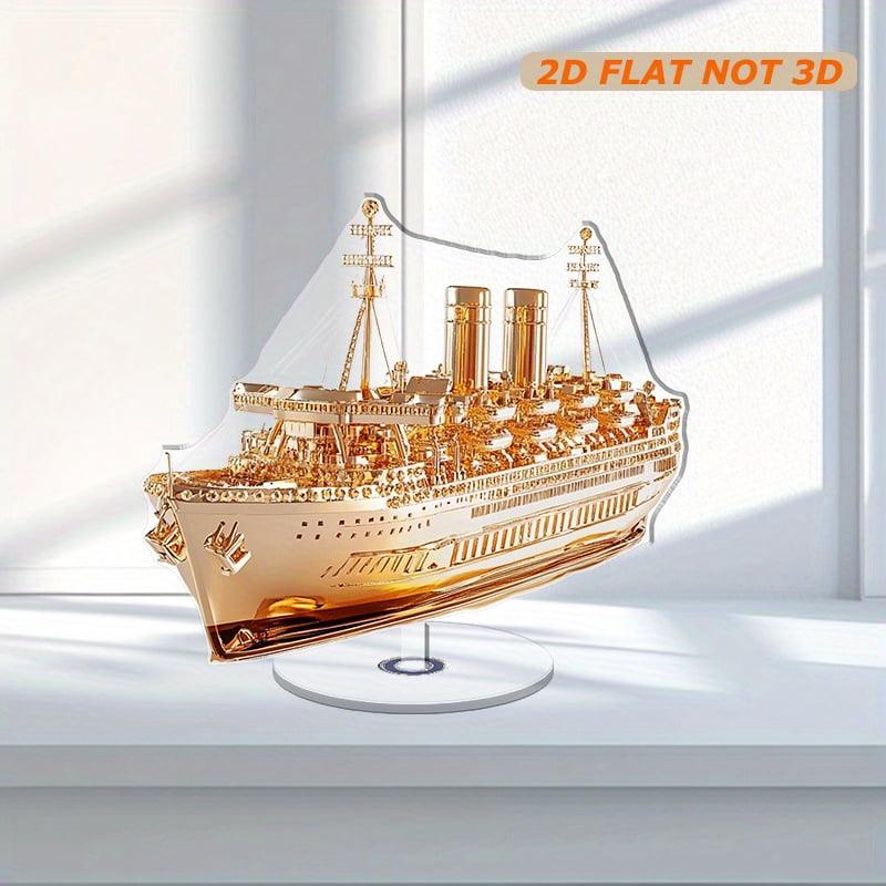 Revolving acrylic ornament features a golden Titanic adorned with ...