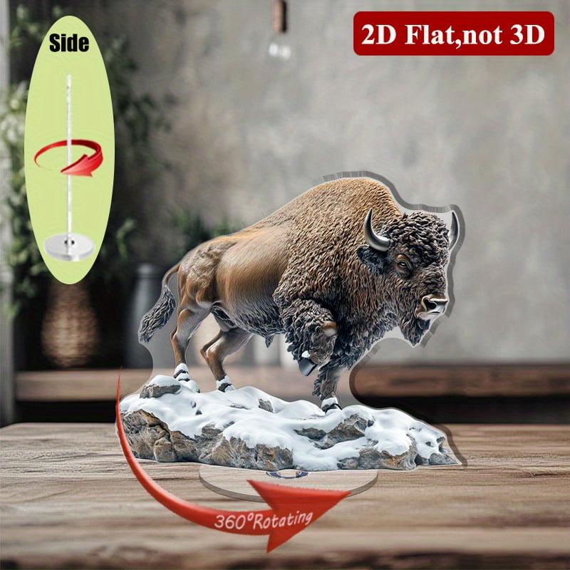 Revolving acrylic ornament featuring a lifelike bison statue on hind ...