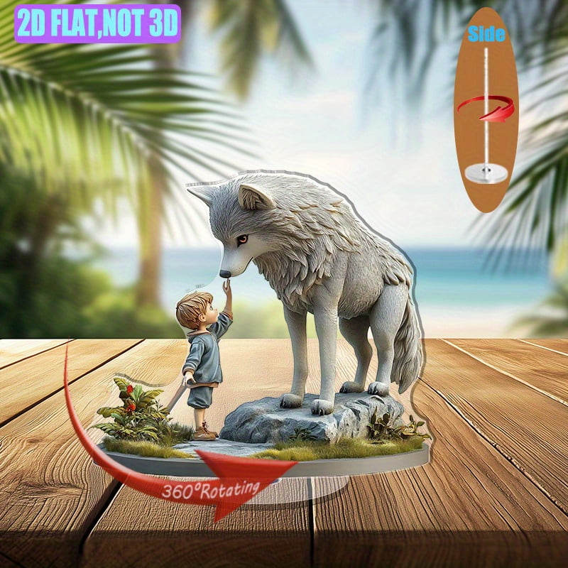 Revolving acrylic ornament featuring a wolf and a figure embracing ...